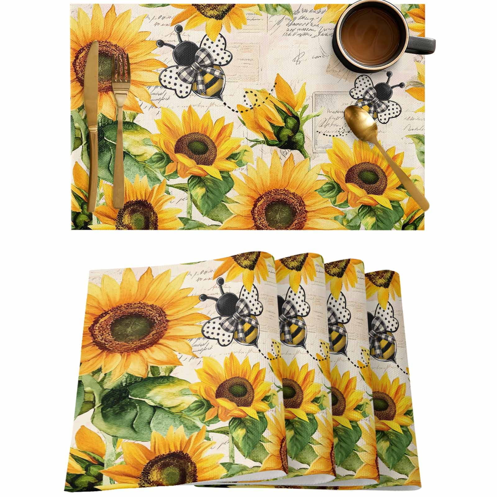 Watercolor Sunflower Bee Bloom Floral Placemats Set of 4,Wipeable ...
