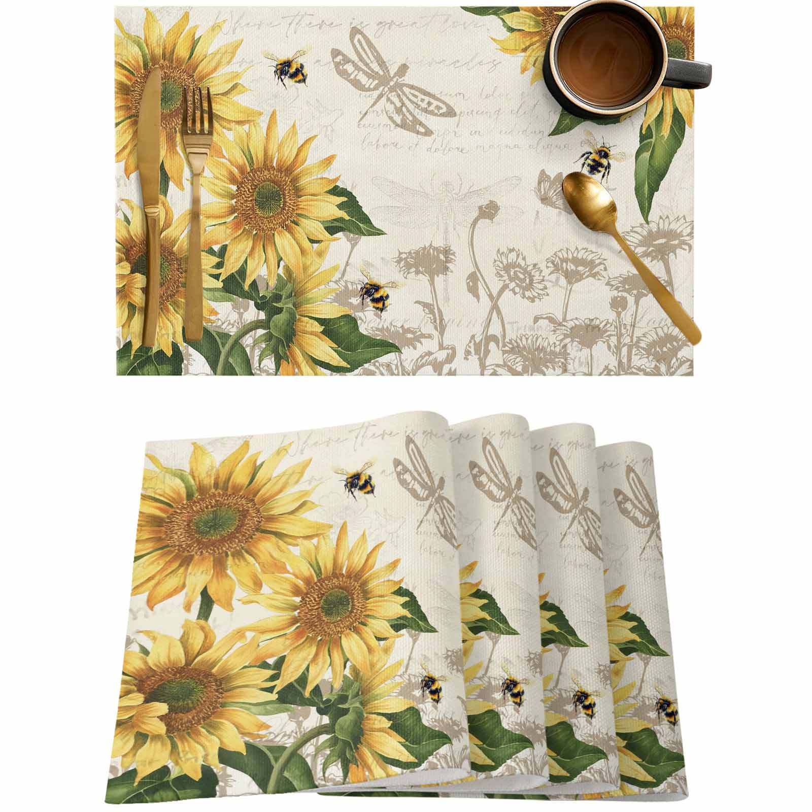Watercolor Sunflower Bee Dragonfly Placemats Set of 4,Wipeable Washable ...