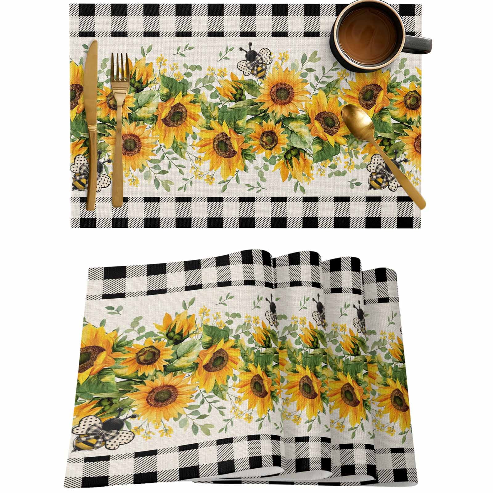 Watercolor Sunflower Bee Green Leaves Placemats Set of 4,Wipeable ...
