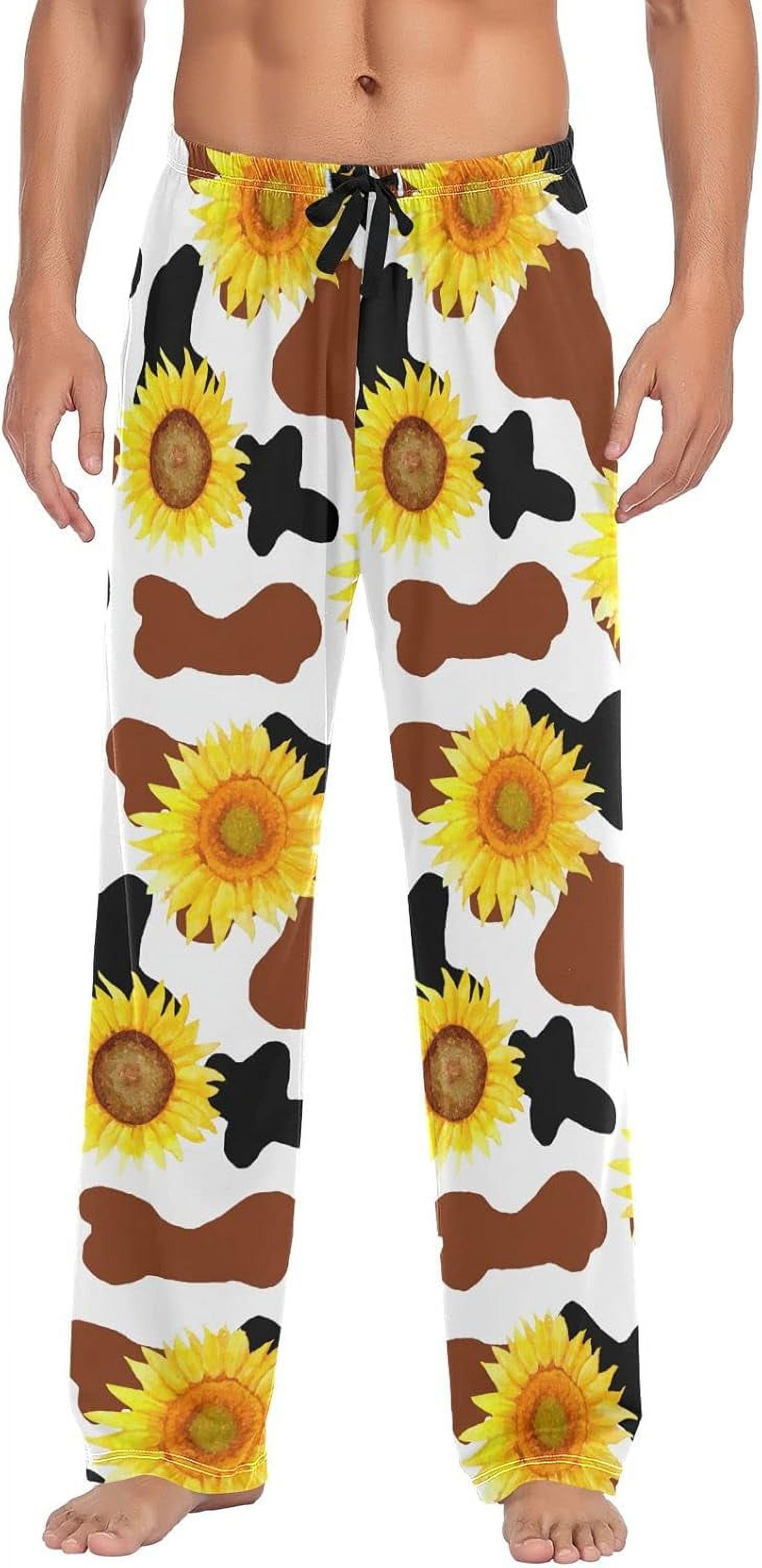 Watercolor Sunflower Cow Skin Mens Pajama Pants Sleepwear Lounge Men's ...