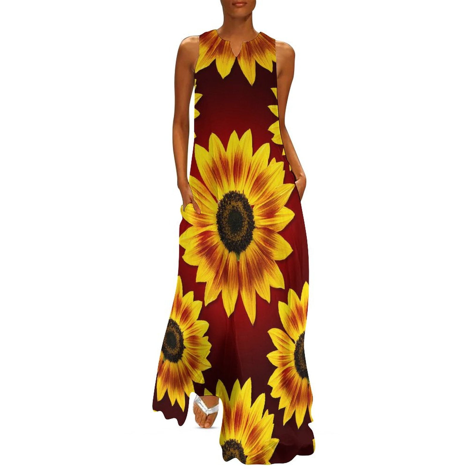 Watercolor Sunflower Dress Green Leaves Print Sexy Maxi Dress ...