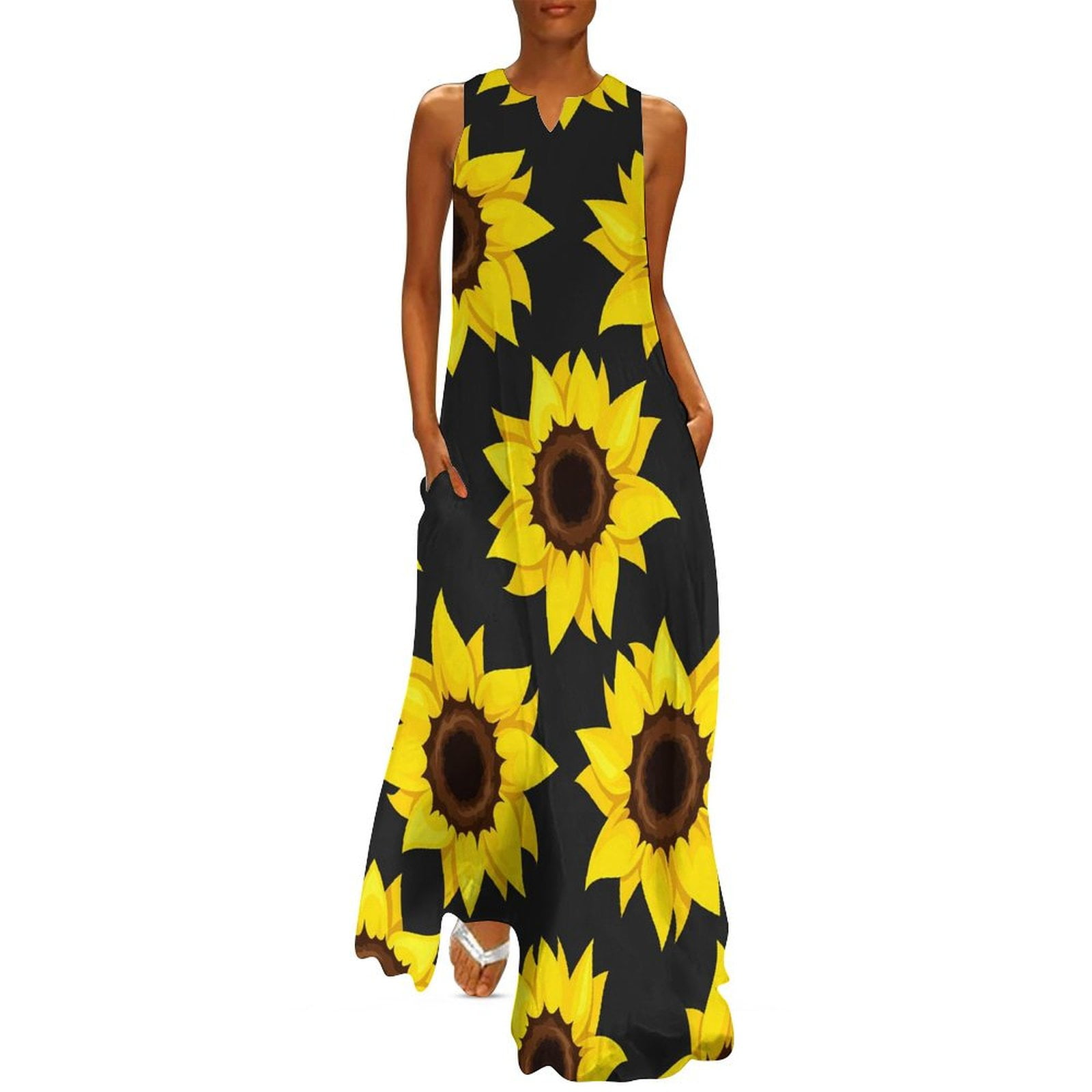 Watercolor Sunflower Dress Green Leaves Print Sexy Maxi Dress ...