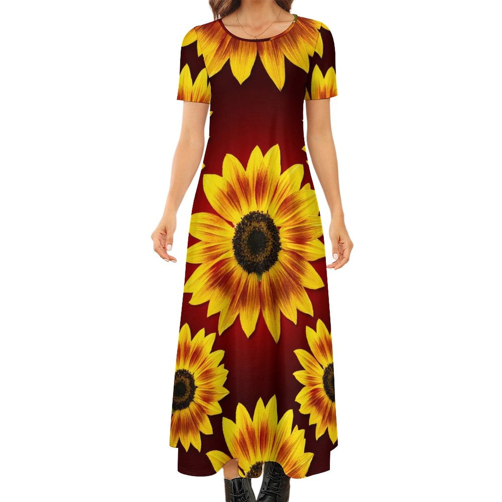 Watercolor Sunflower Dress Yellow Floral Pirnt Street Wear Boho Beach ...