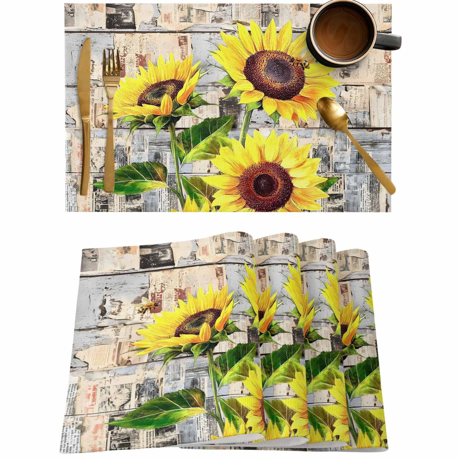 Watercolor Sunflower Leaves Plants Placemats Set of 4,Wipeable Washable ...