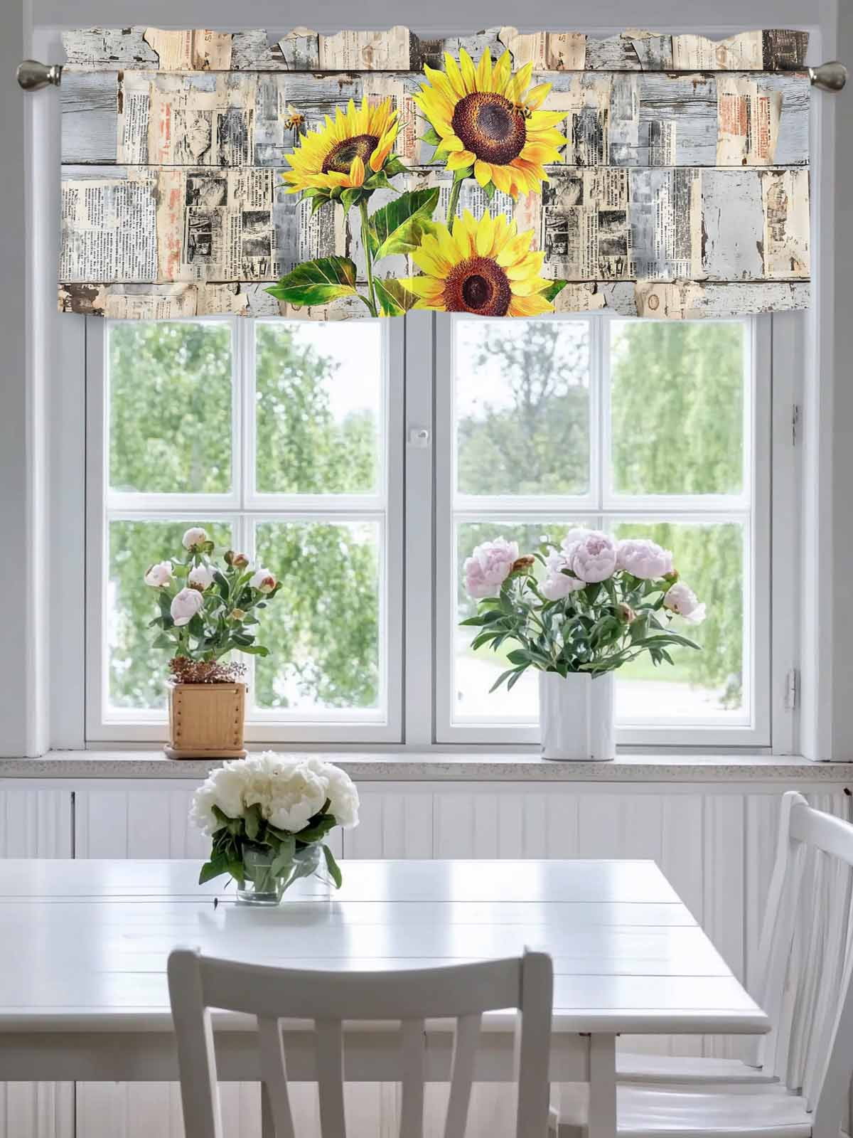 Watercolor Sunflower Leaves Plants Valances for Windows,Kitchen Valance ...