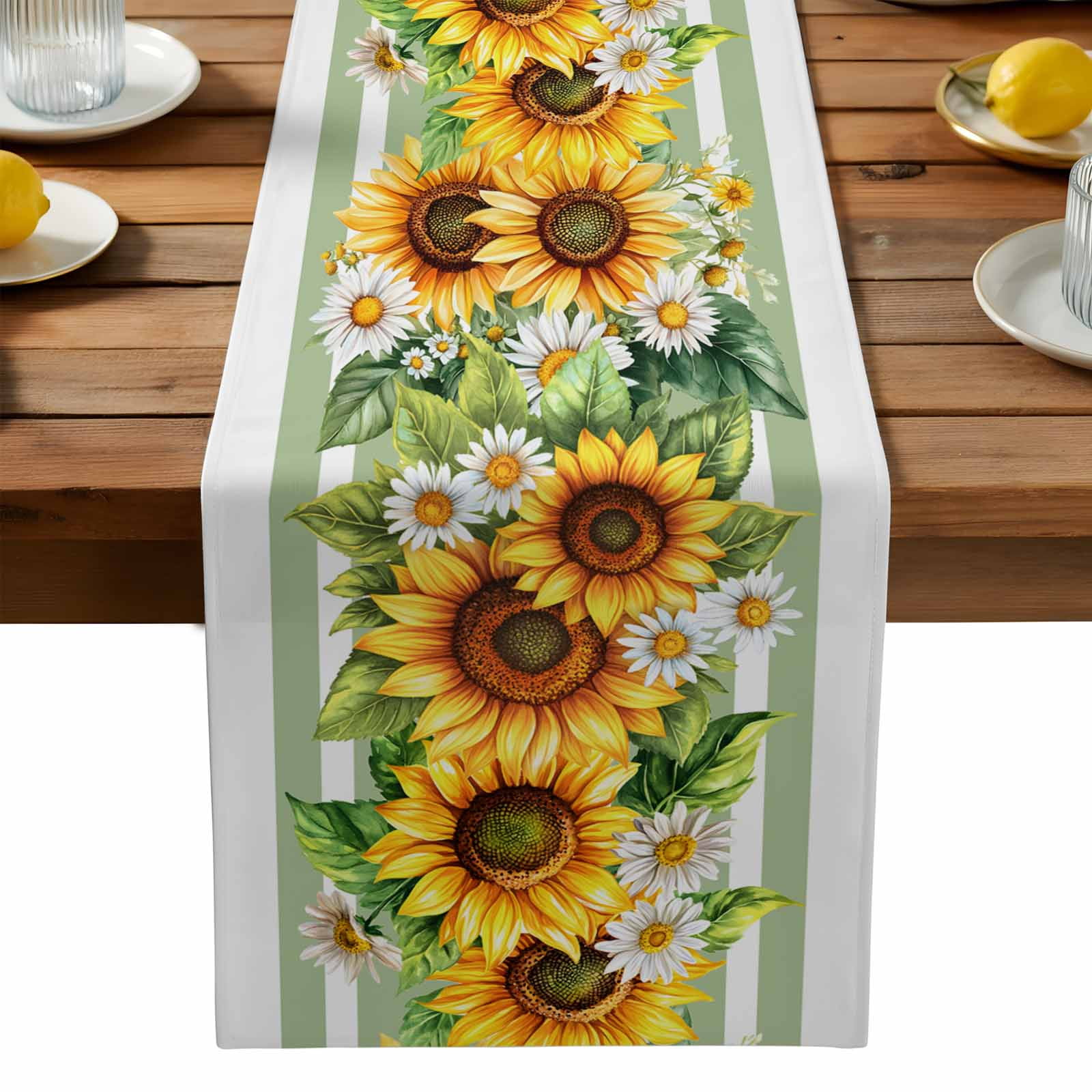 Watercolor Sunflower Table Runner, Summer Sage Green Striped Cotton ...