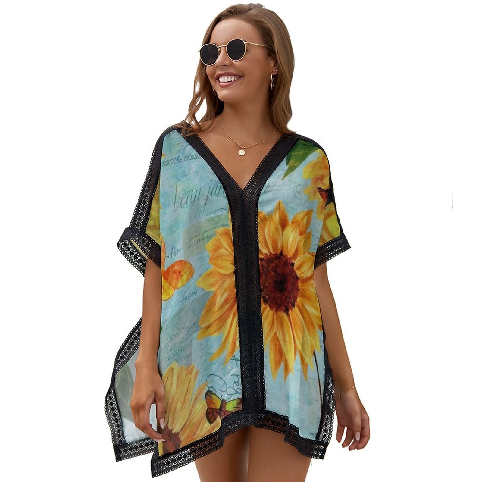 Watercolor Sunflowers And Butterflies Beach Cover Ups for Women Bathing ...