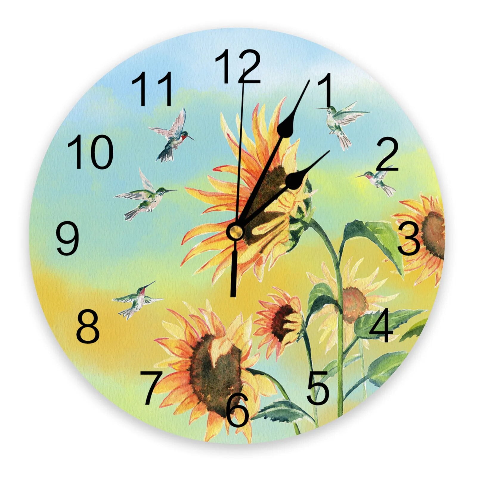 Watercolor Sunflowers And Flowers Wall Clock Large Modern Kitchen ...