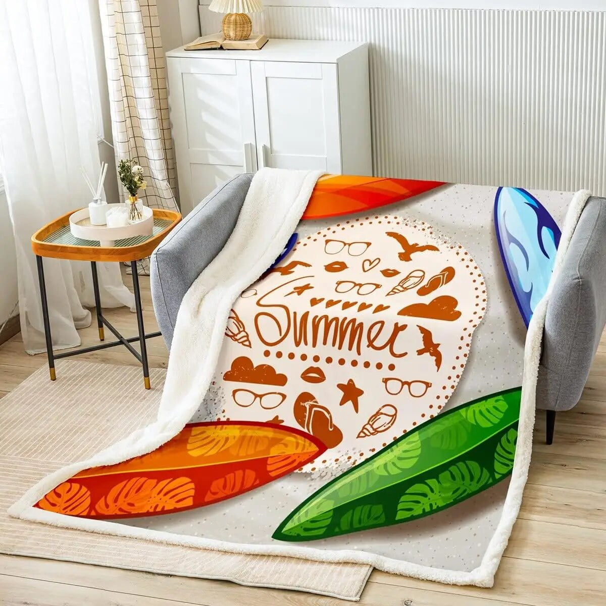 Watercolor Surfboard Bed Throws Sea Beach StarFlip Flops Print Throw ...