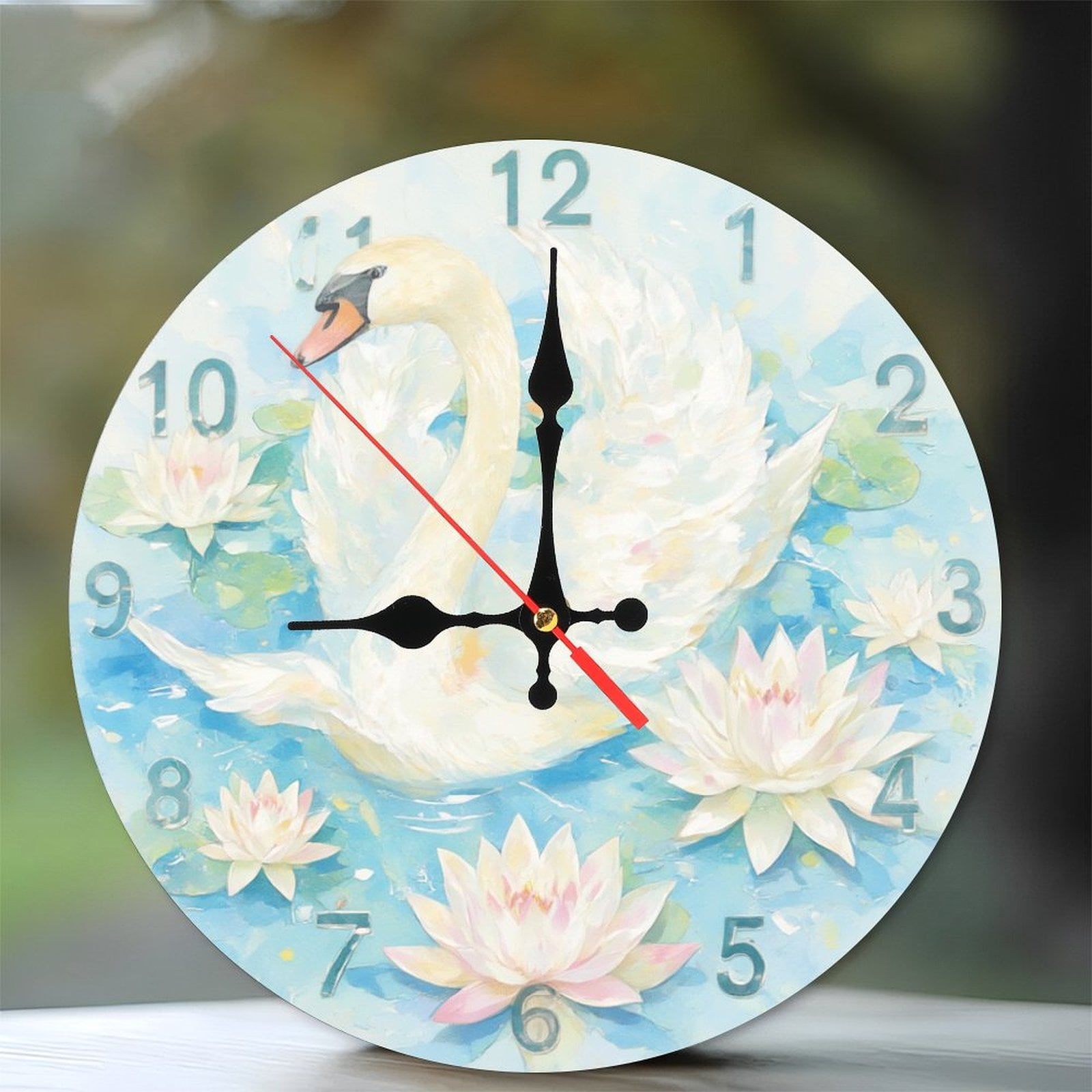 Watercolor Swan Lily Pad Wall Clock Home Decor 10-Inch Silent Wooden ...