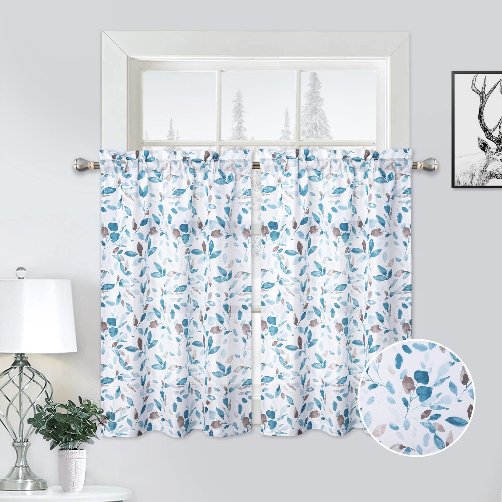 LeadingStar Teal Plaid Rod Pocket Sheer Kitchen Curtains, 24" x 26" (2 ...