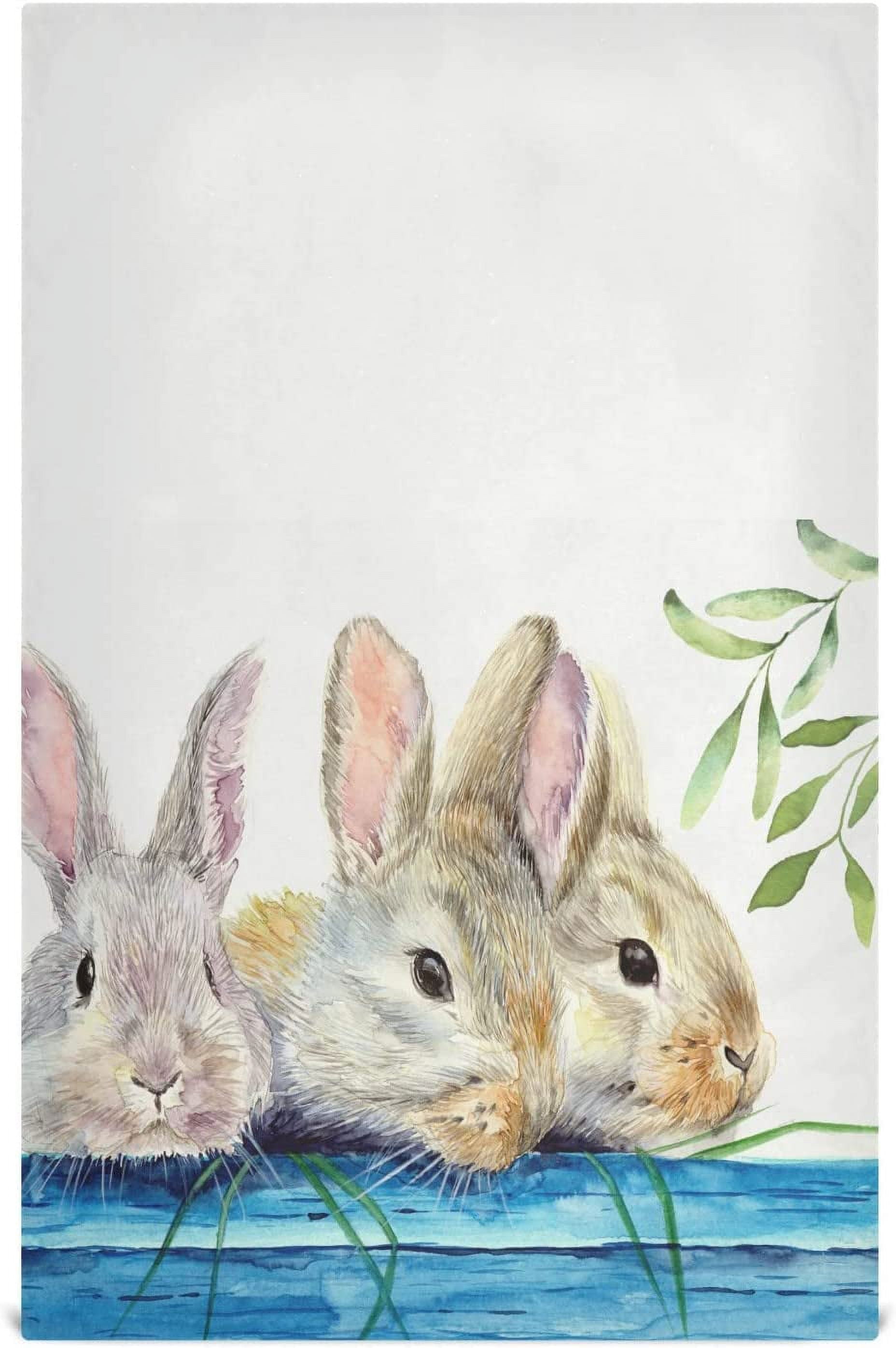 Watercolor Three Fluffy Rabbits Kitchen Tea Towels Set of 4 Absorbent ...