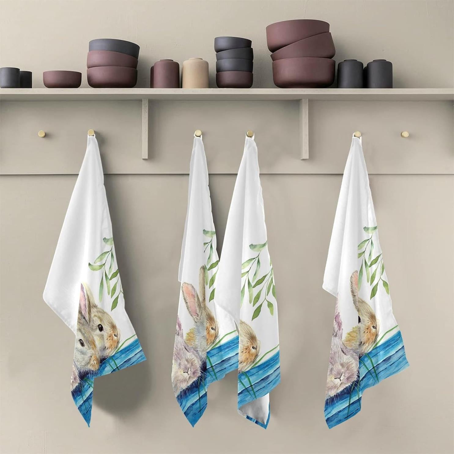 Watercolor Three Fluffy Rabbits Kitchen Tea Towels Set of 6 Absorbent ...