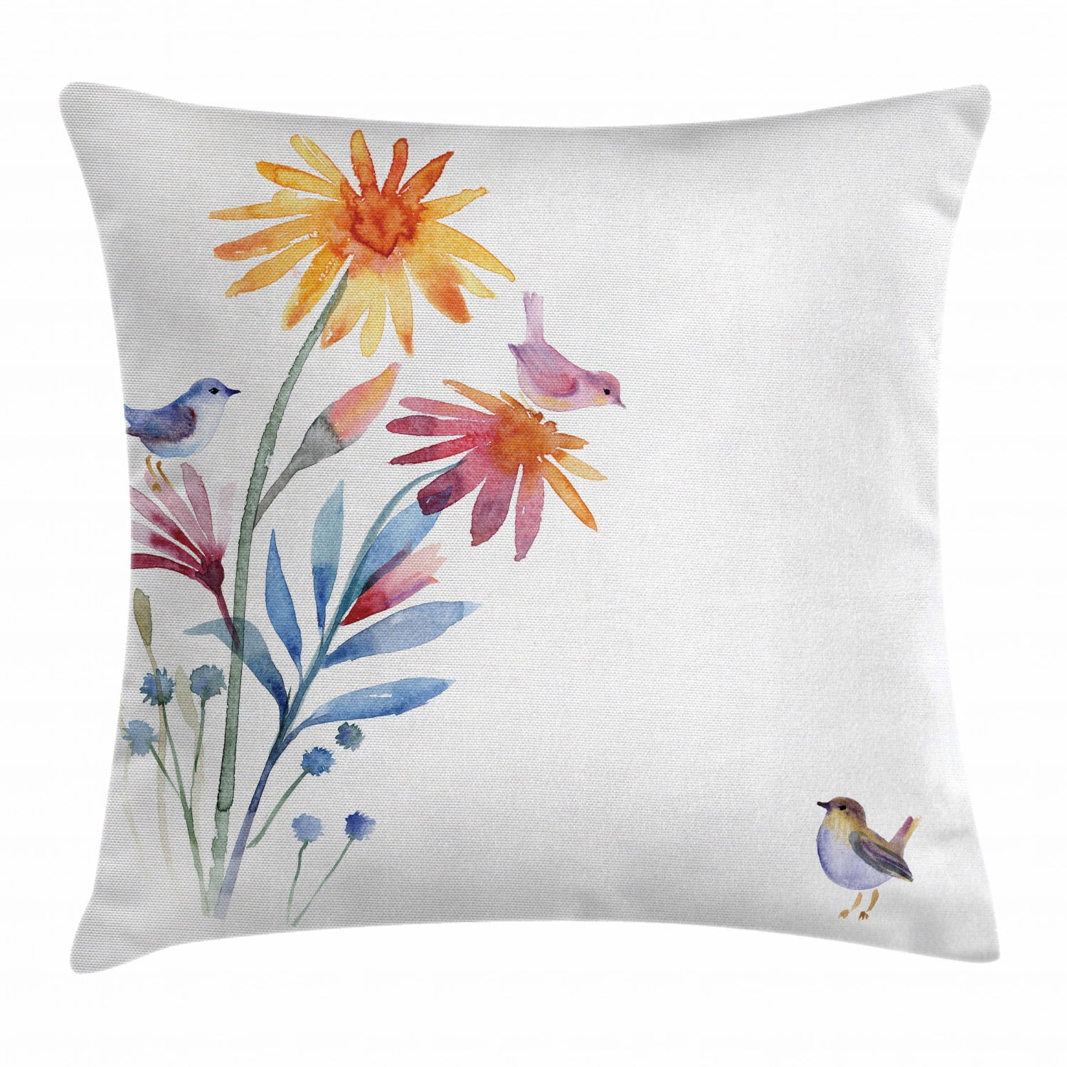 Watercolor Throw Pillow Cushion Cover, Springtime Flowers with Birds ...