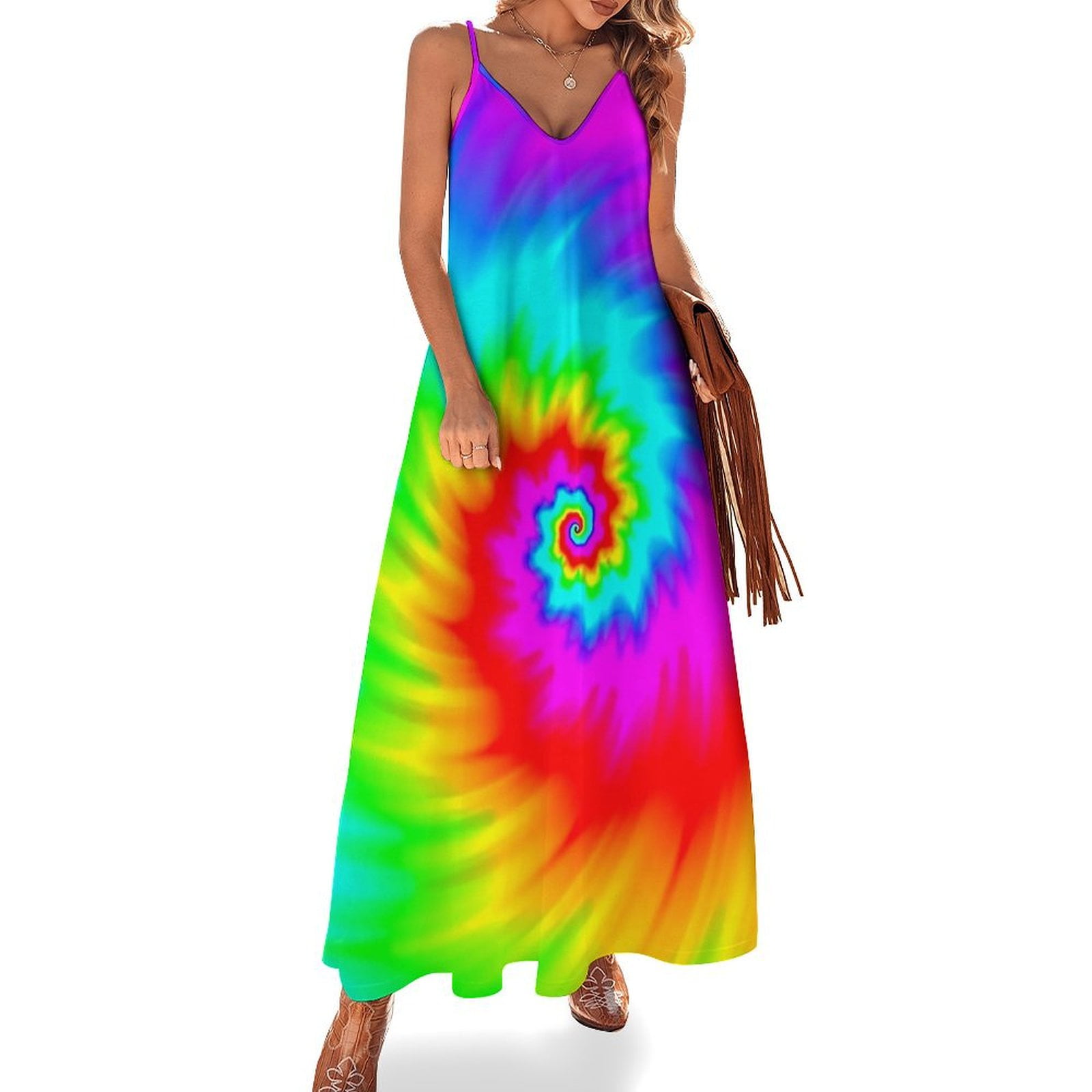 Watercolor Tie Dye Dress Psychedelic Maxi Dress V Neck Boho Beach Long ...