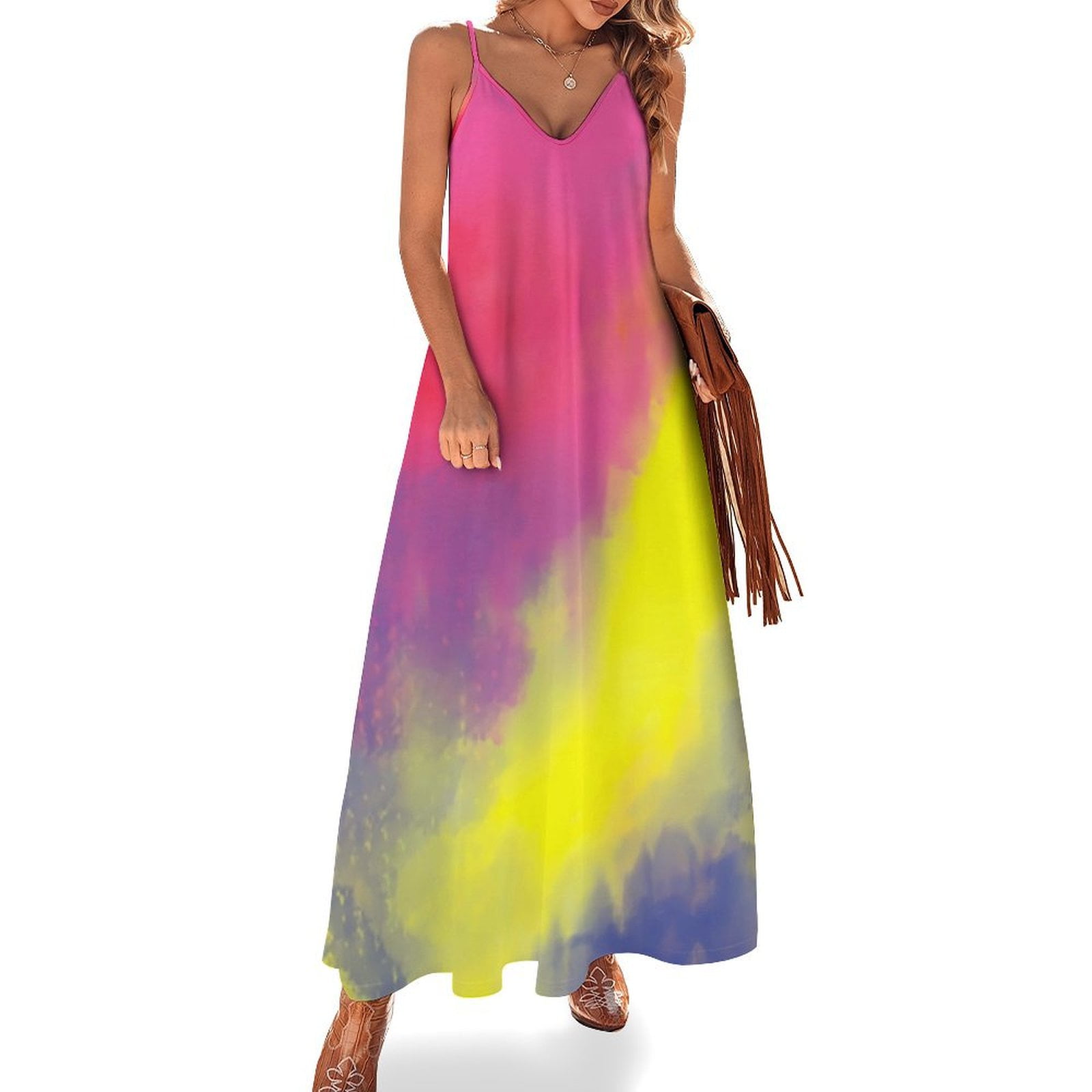 Watercolor Tie Dye Dress Psychedelic Maxi Dress V Neck Boho Beach Long ...