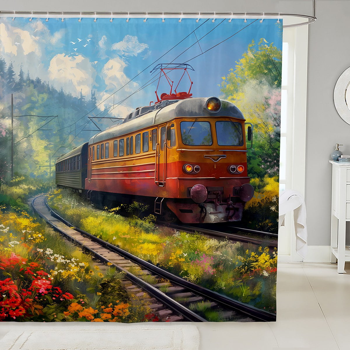 Watercolor Train Bath Curtain Steam Engine Shower Curtain 72x78 Oil ...