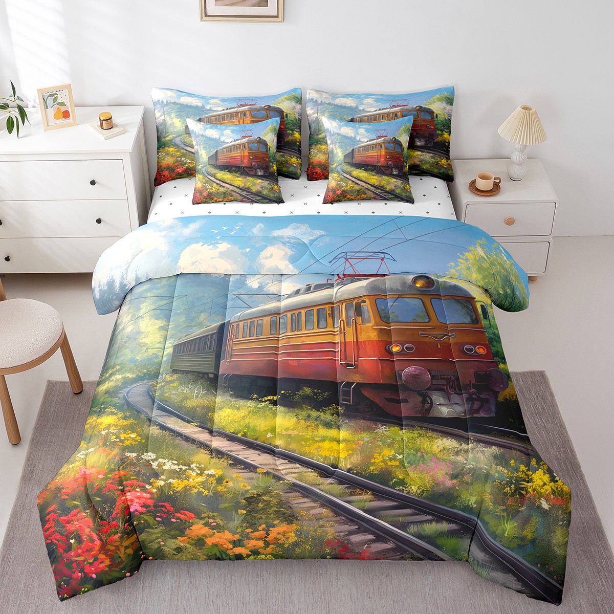 Watercolor Train Twin Bedding Sets 7-Piece Steam Engine Comforter Set ...