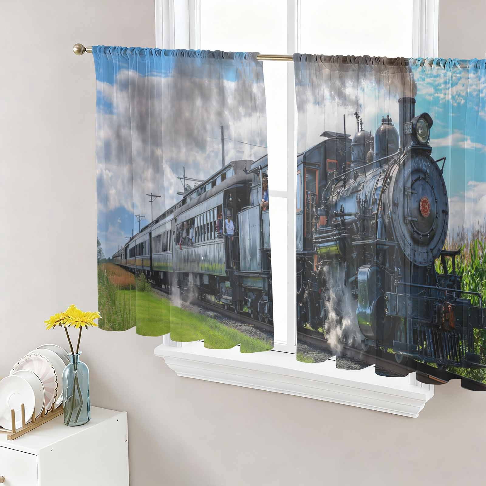 Watercolor Trains Sheer Curtains 54 Inch Length 2 Panels Set Window ...