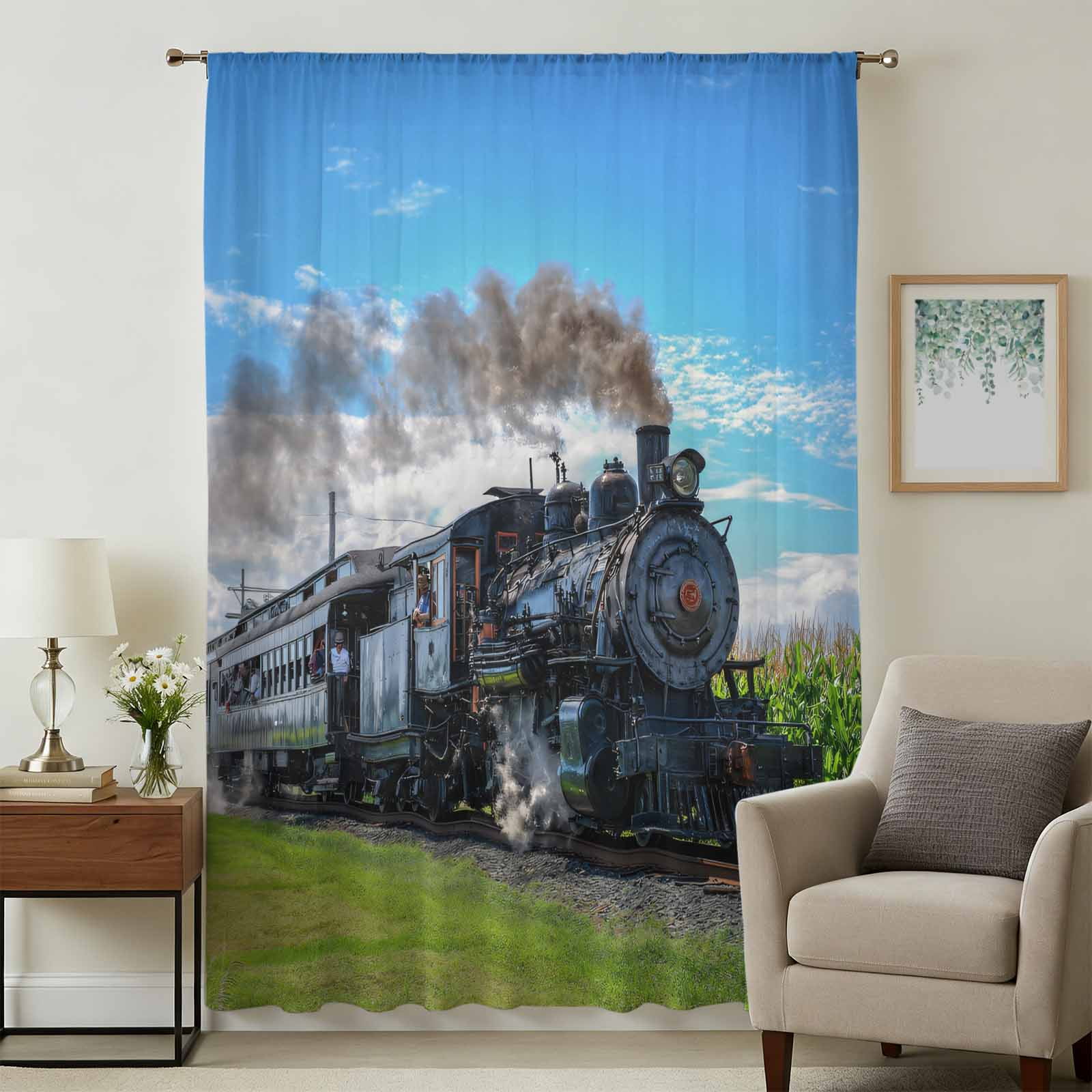 Watercolor Trains Sheer Curtains 63 Inches Long, Modern Nature ...