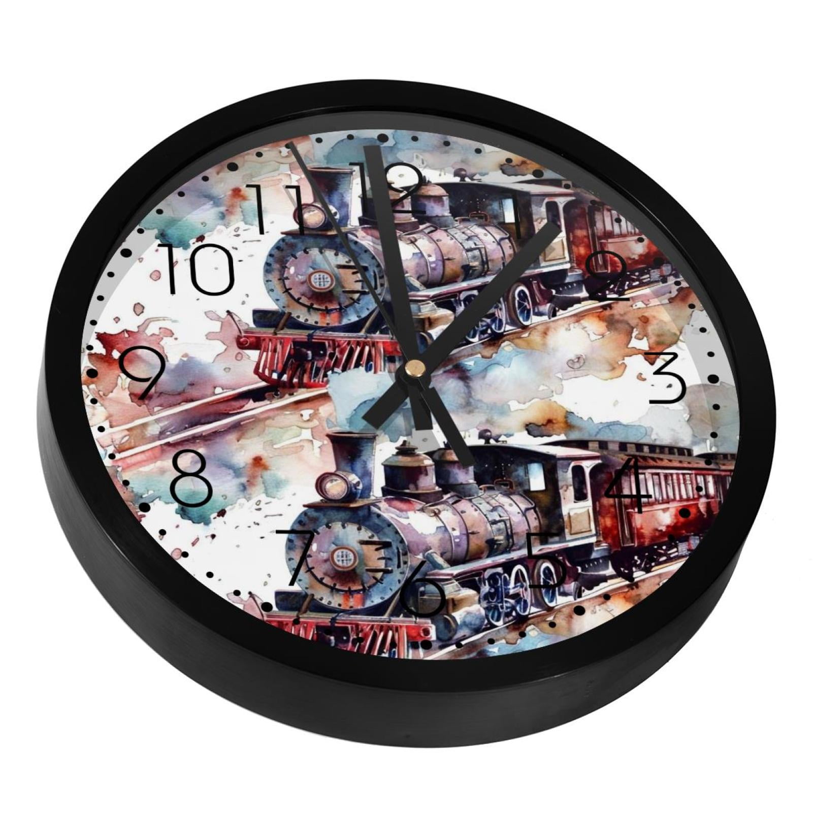Watercolor Trains on Railway Silent Wall Clock, Non Ticking Battery Operated 9.8 Inch Wall ...