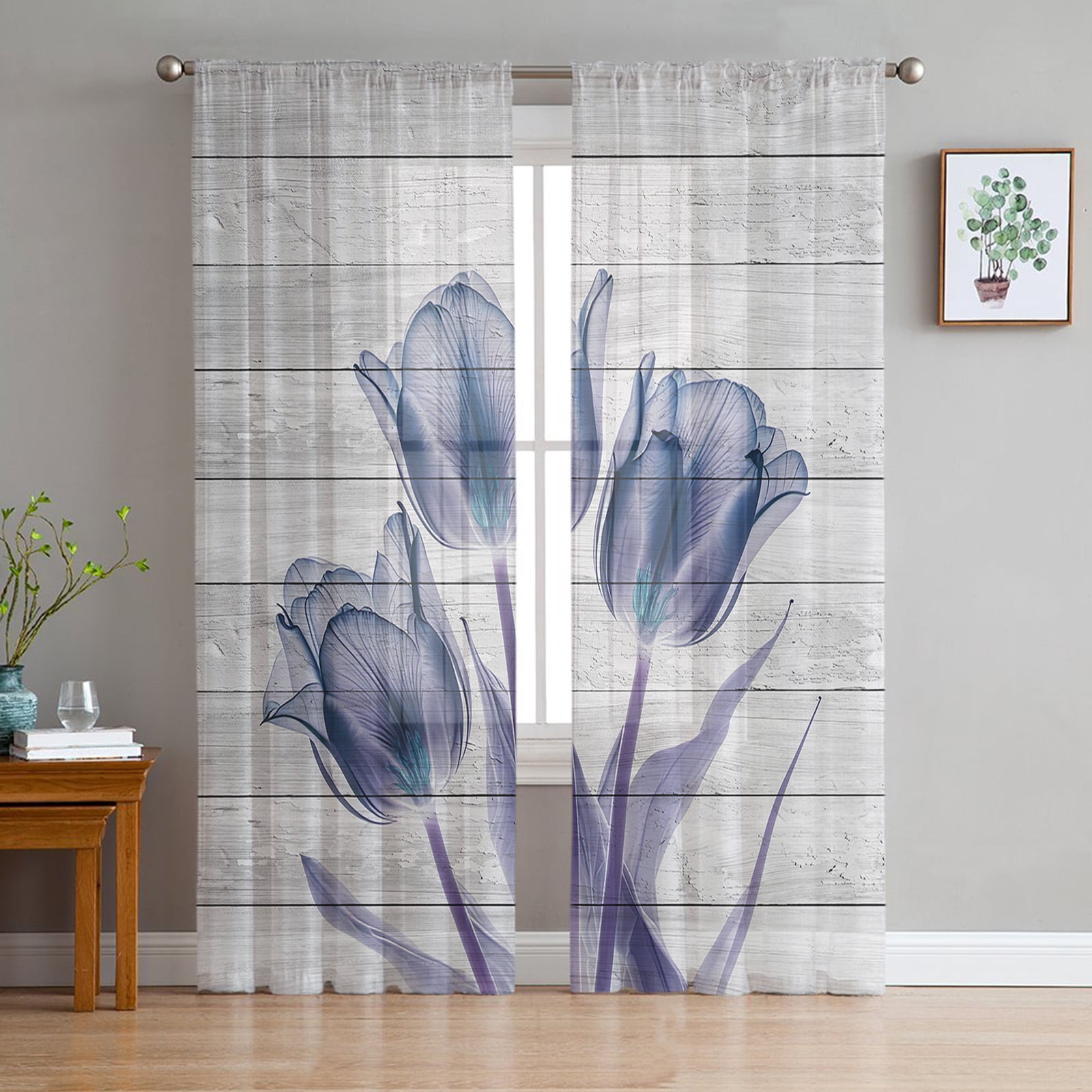 Watercolor Transparent Floral Tulle Window Curtain For Living Room ...