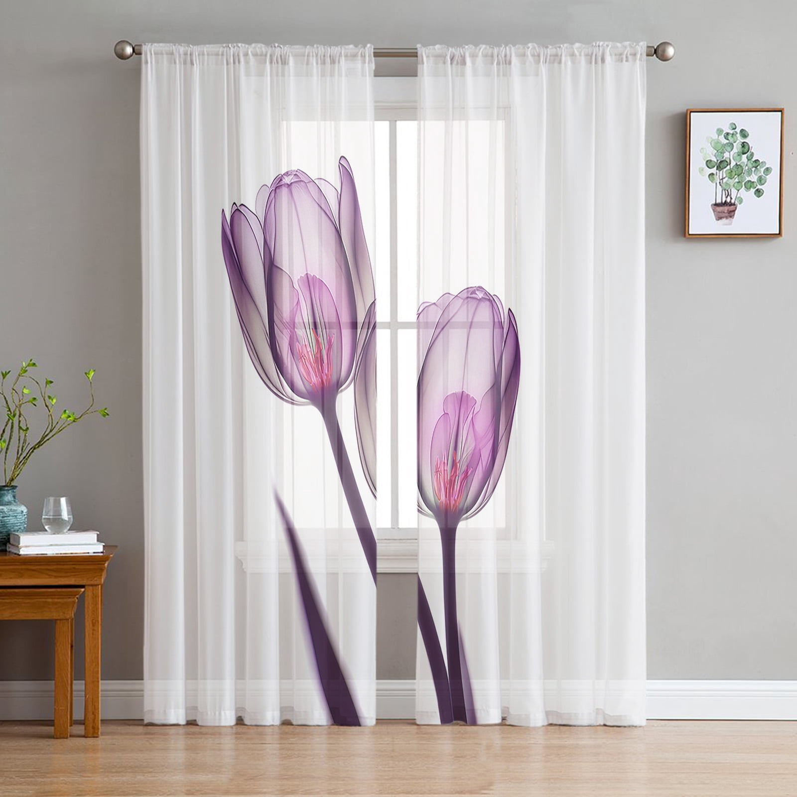 Watercolor Transparent Floral Tulle Window Curtain For Living Room ...