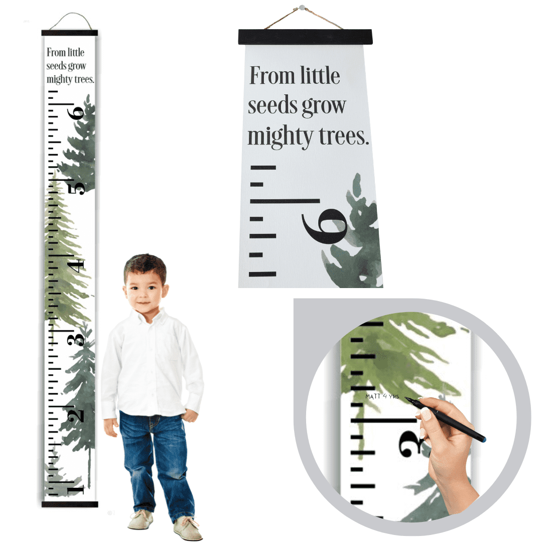 Watercolor Trees Canvas Growth Chart for Kids Wall Ruler Growth Chart Wood Frame Fabric Sign ...