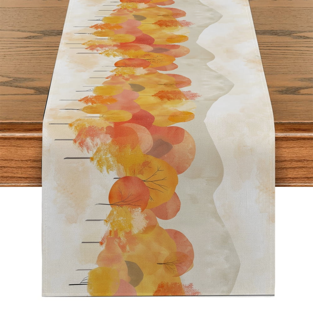 Watercolor Trees Table Runners Kitchen Table r Farmhouse Washable ...