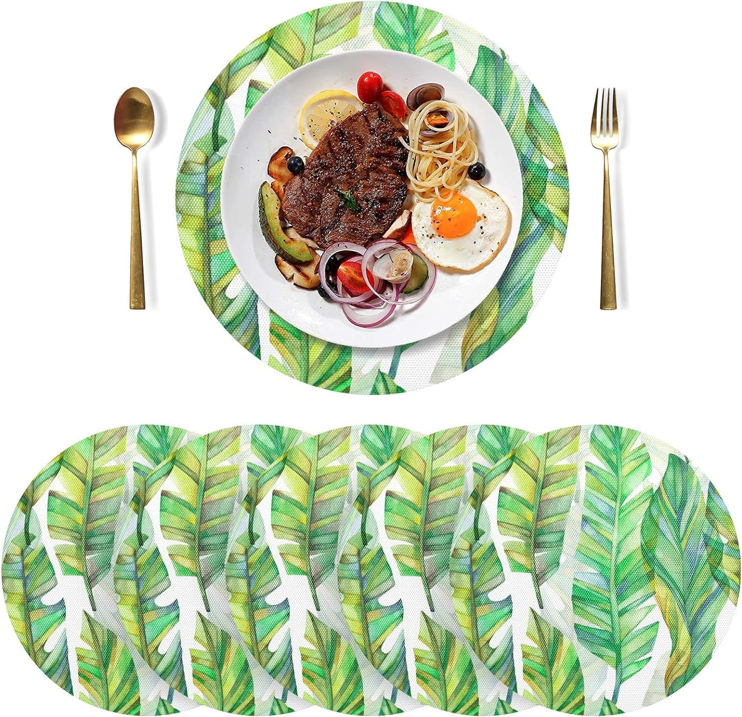 Watercolor Tropical Banana Leaf Round Place Mats Set of 6, Heat Stain ...