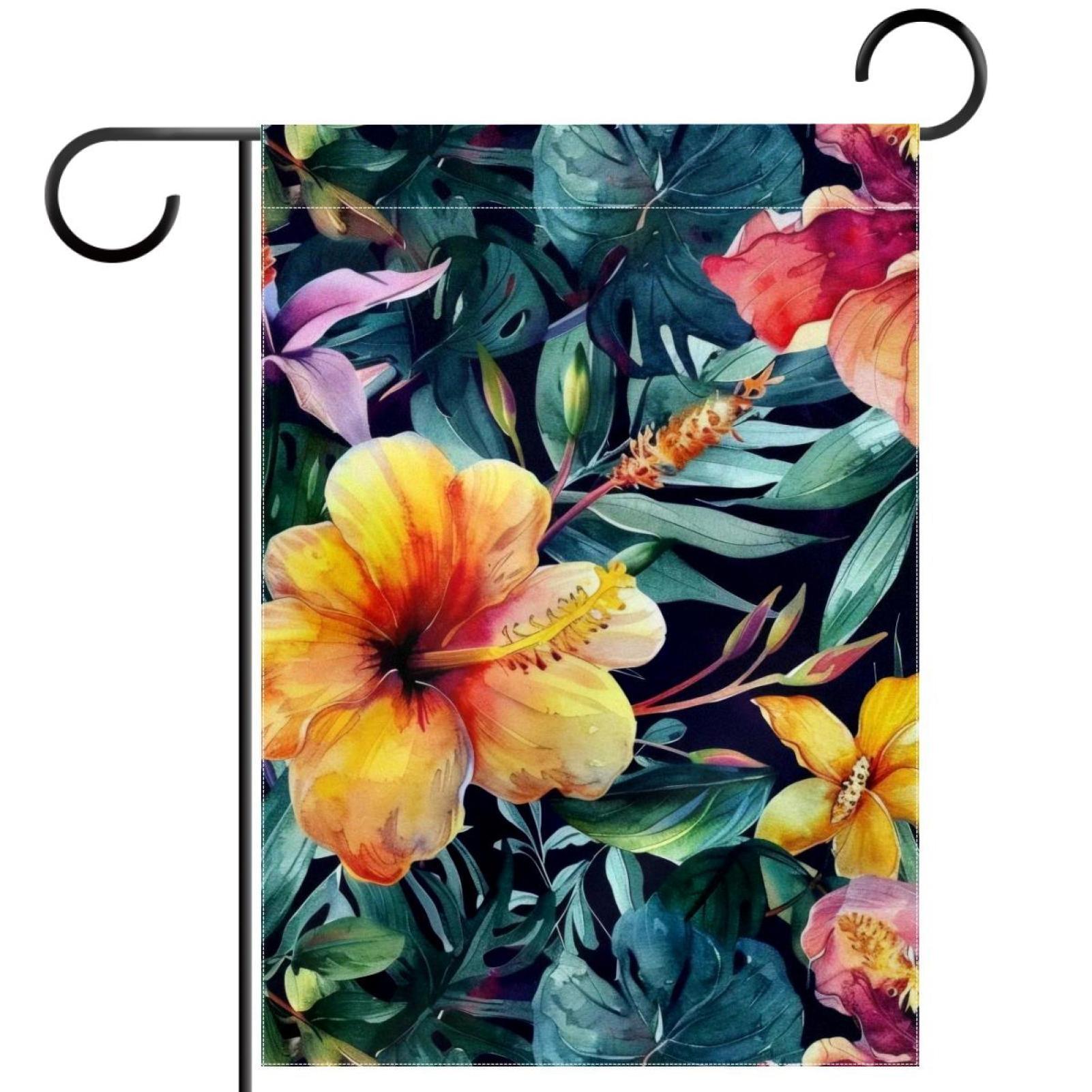 Watercolor Tropical Flowers on Dark Background Welcome Garden Flags, 12 ...