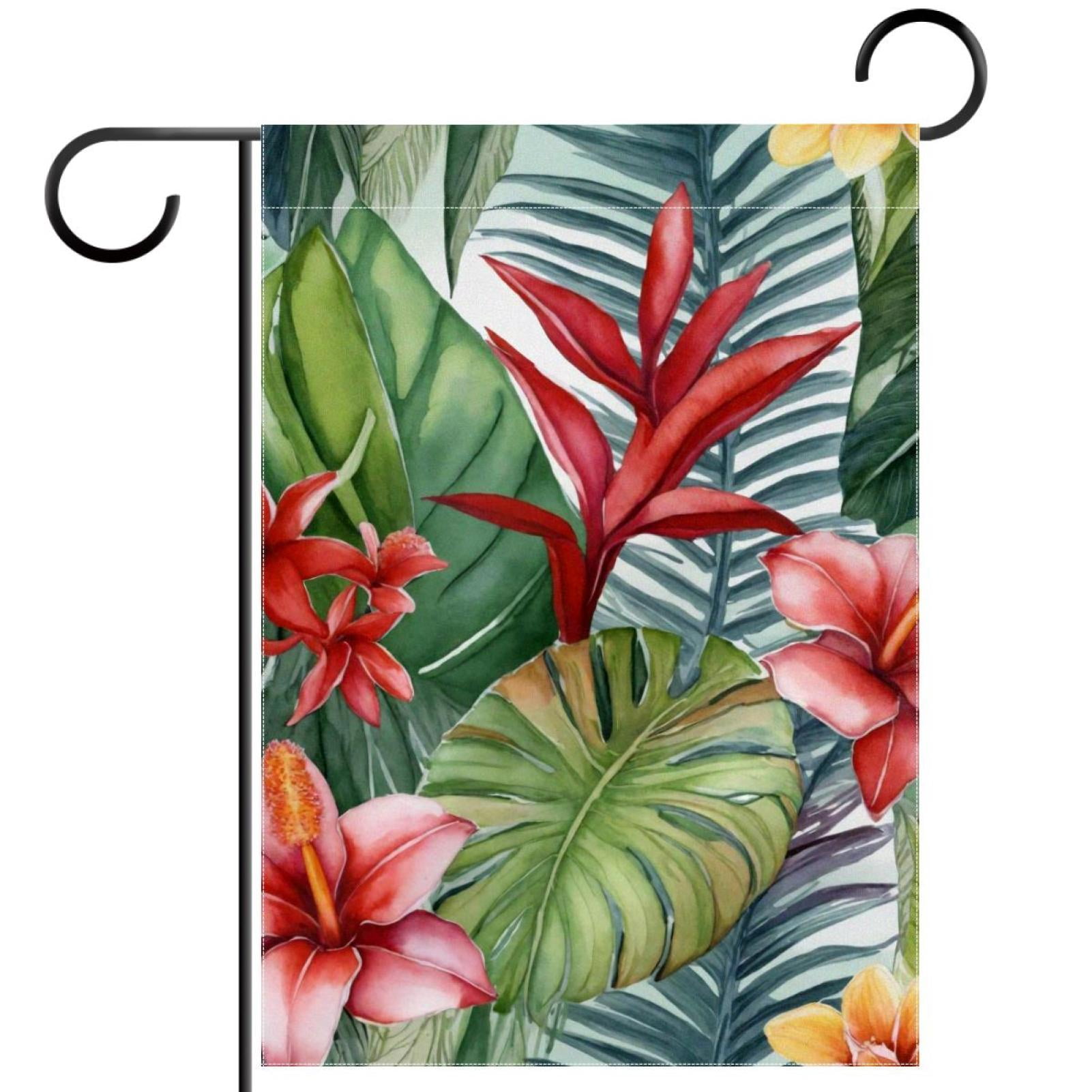 Watercolor Tropical Leaves and Flowers Double Sided Garden Flag ...
