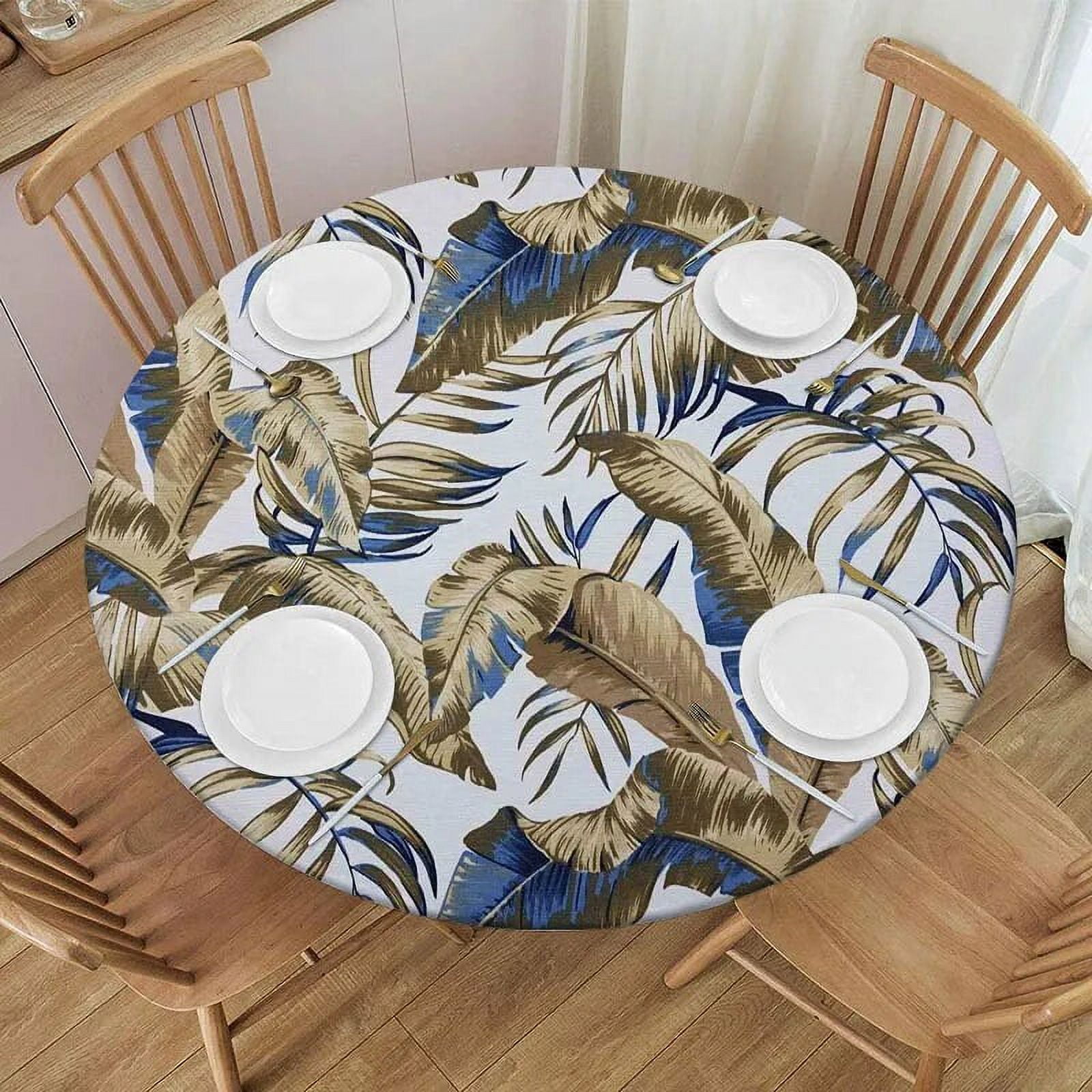 Watercolor Tropical Leaves Round Tablecloth Fitted Elastic Dining Table ...