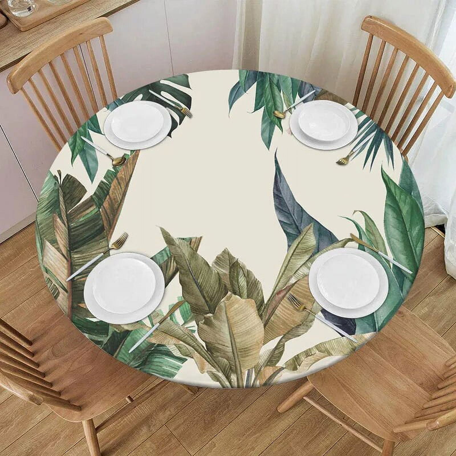 Watercolor Tropical Leaves Round Tablecloth Fitted Elastic Dining Table ...