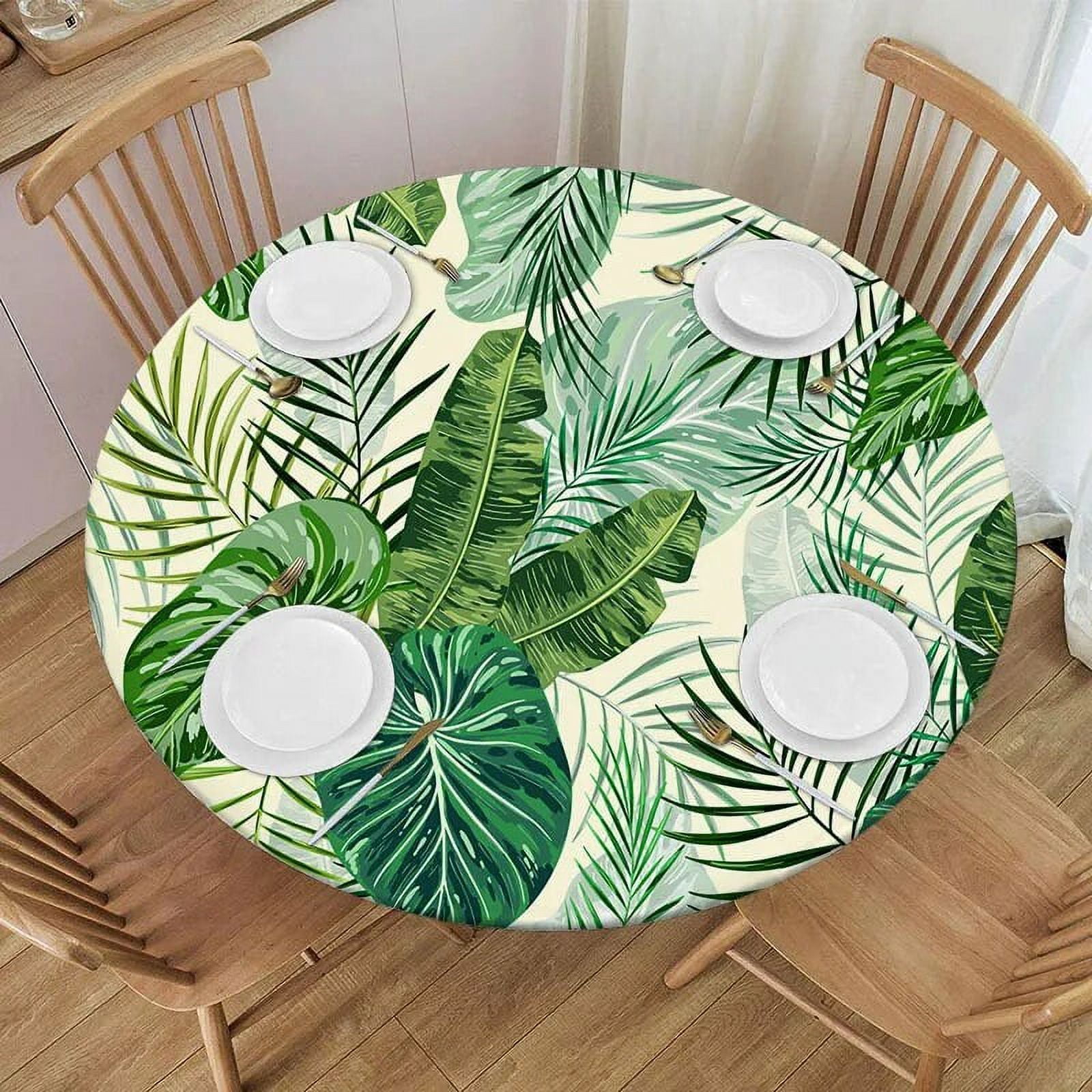 Watercolor Tropical Leaves Round Tablecloth Fitted Elastic Dining Table ...