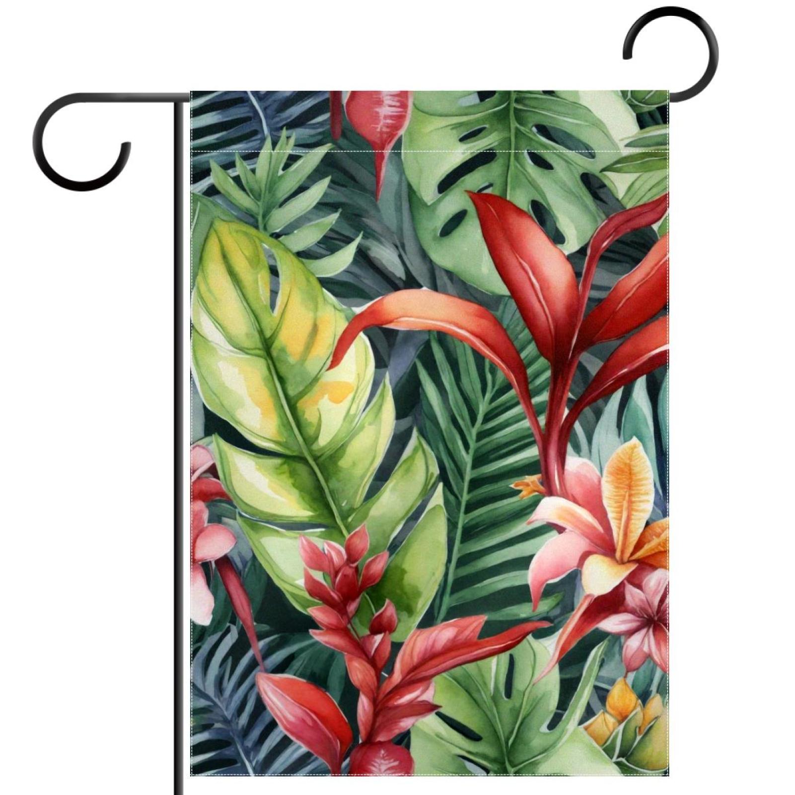 Watercolor Tropical Palm Leaves and Flowers Double Sided Garden Flag ...