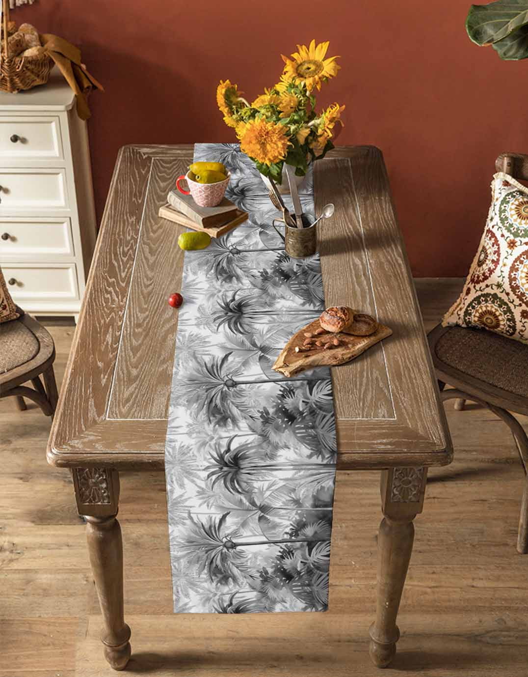 Watercolor Tropical Plants Palm Trees Table Runner Cotton Linen Wedding ...