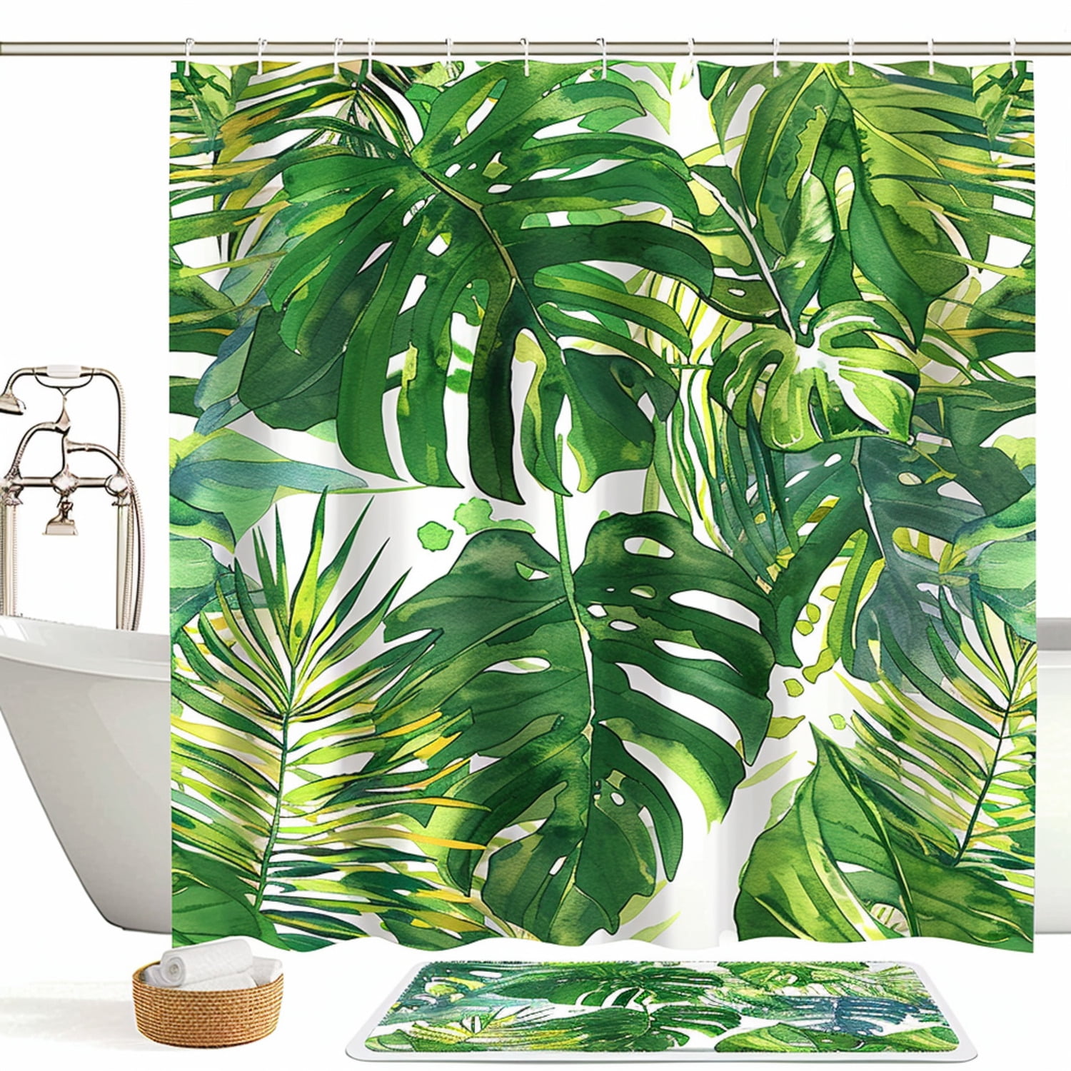 Watercolor Tropical Rainforest Bathroom Curtain Set Vibrant Green