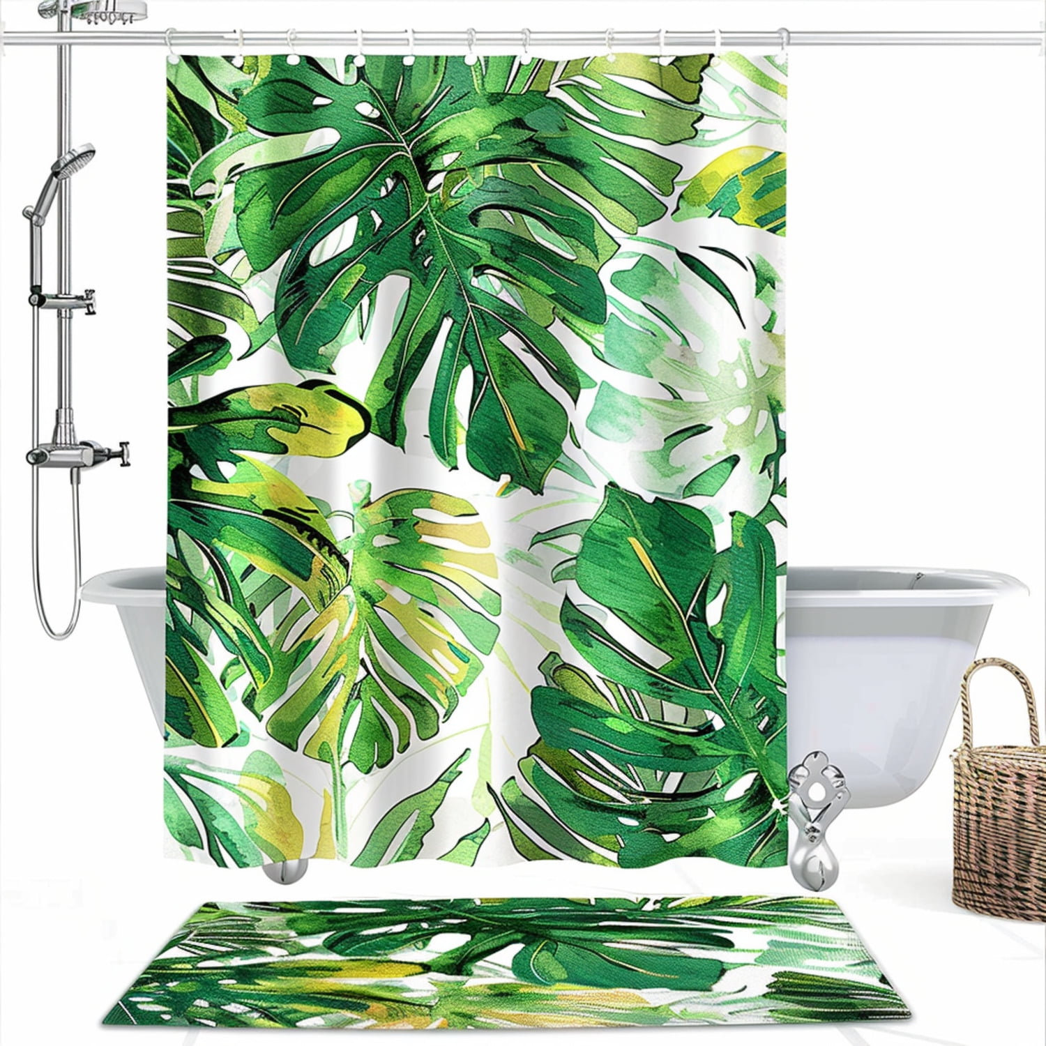 Watercolor Tropical Rainforest Bathroom Curtain Set Vibrant Green