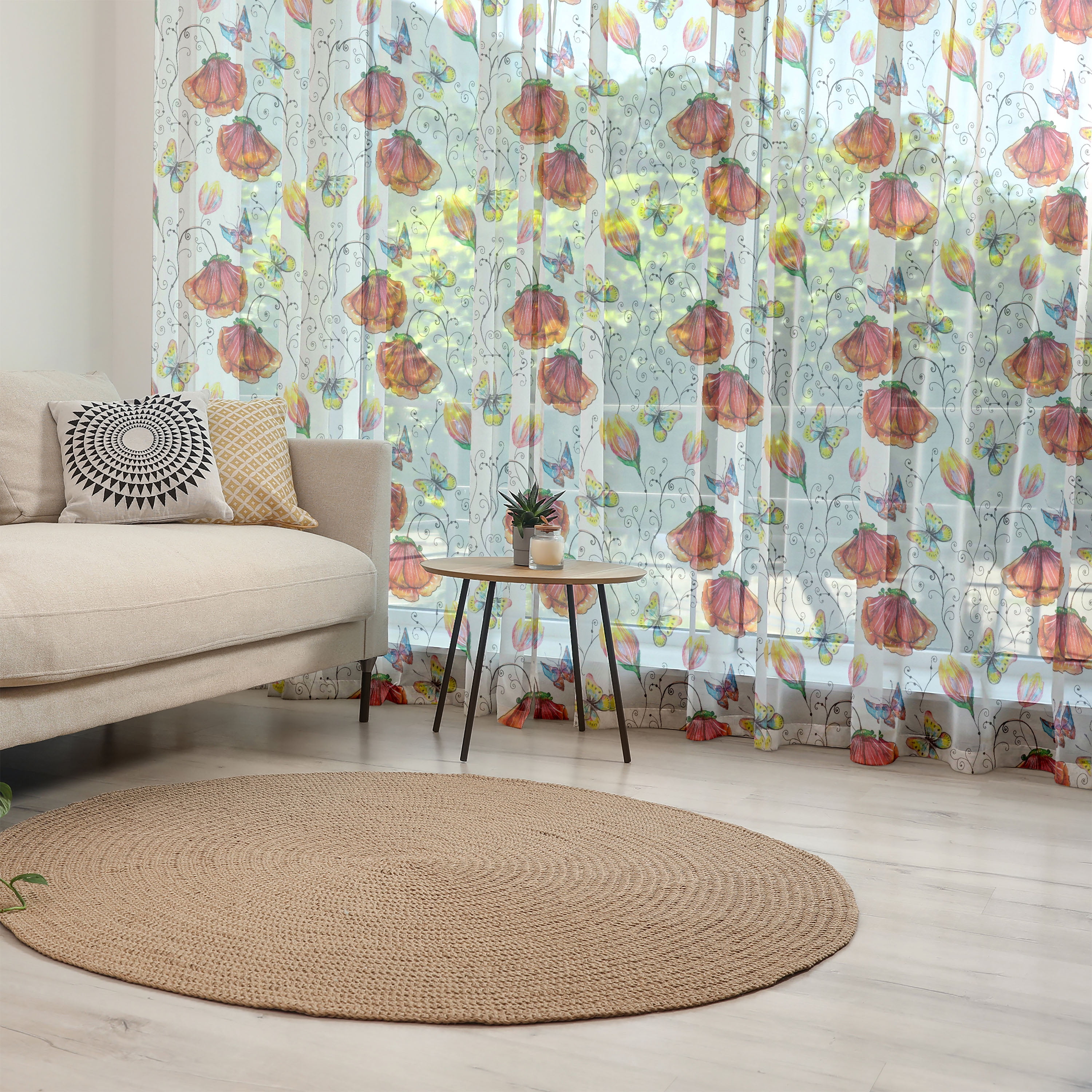 Watercolor Tulle Curtains with Rod Pocket, Doodle Drawing Style Natural ...