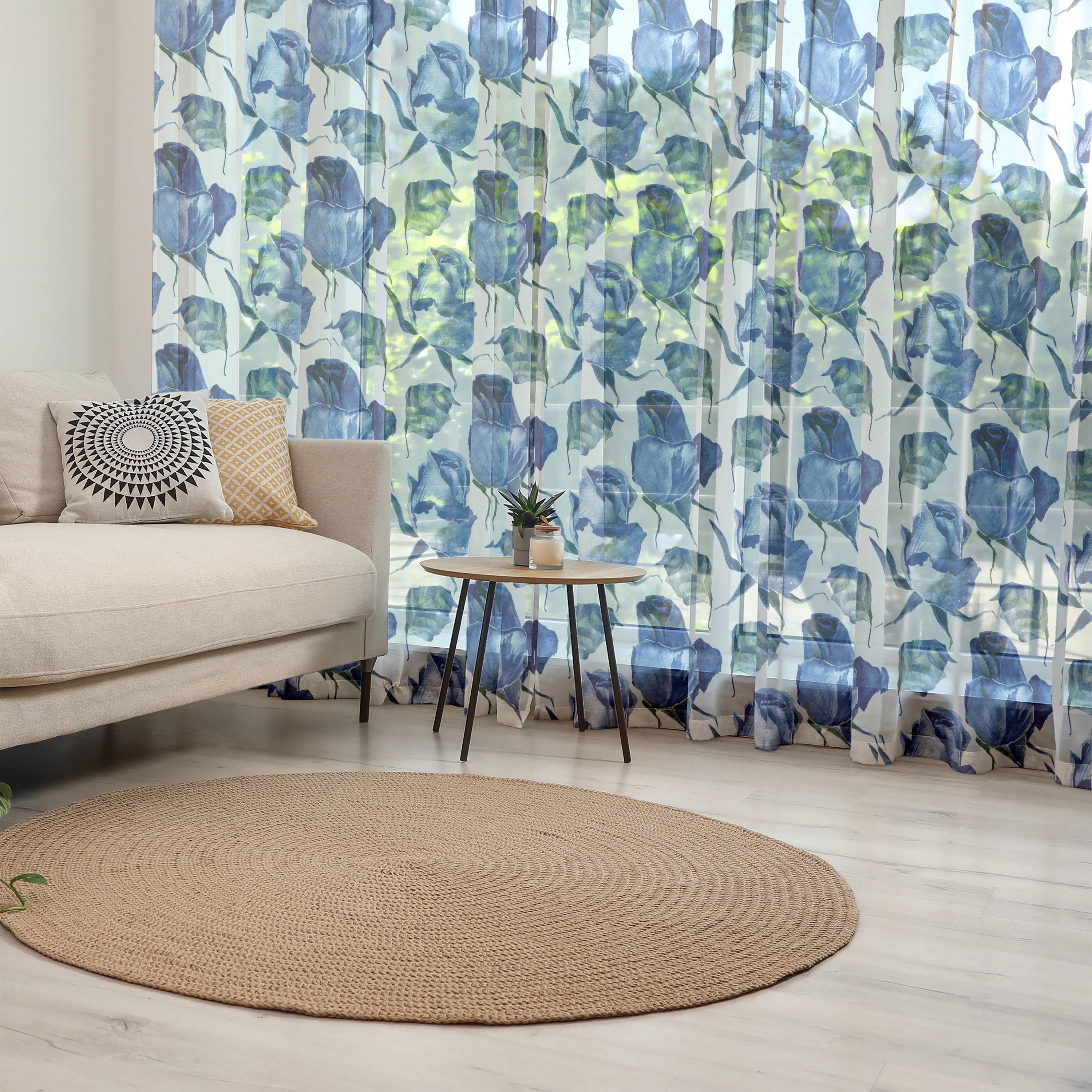 Watercolor Tulle Curtains with Rod Pocket, Hand Drawn Roses and Leaves ...