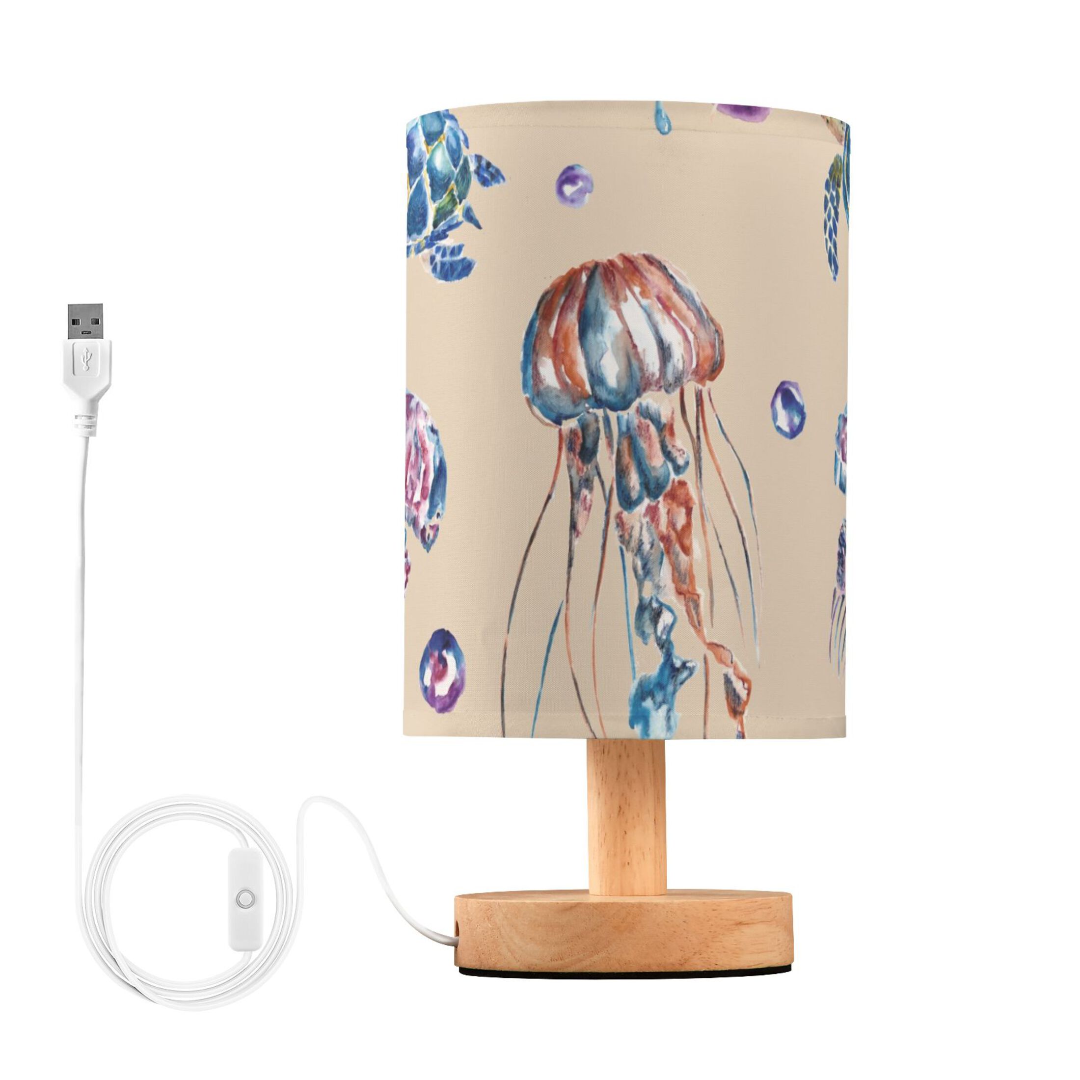 Watercolor Turtle Jellyfish Bedside Table Lamp LED Warm Lights with USB ...