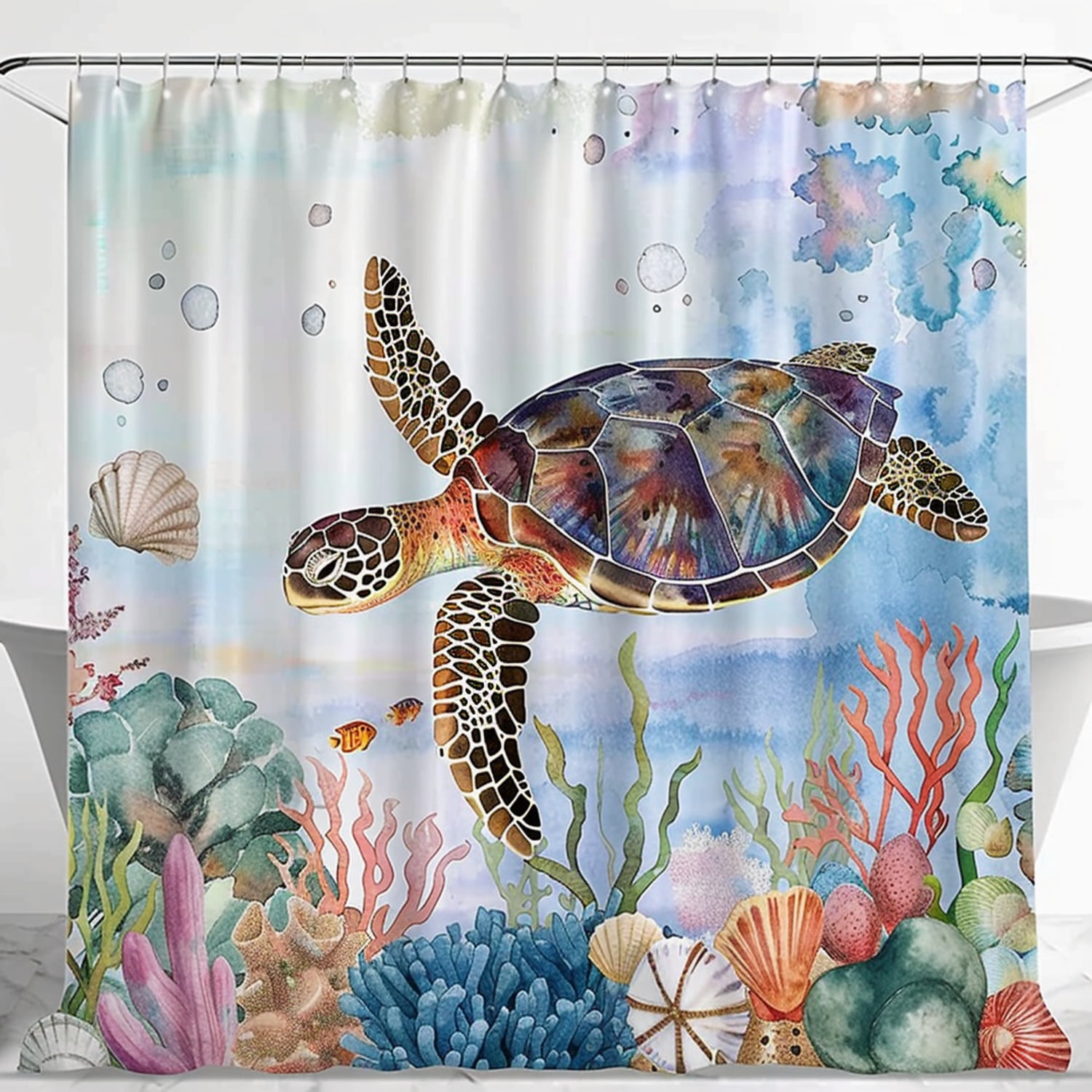 Watercolor Turtle Swimming In Coral Reef Shower Curtain With Seashells