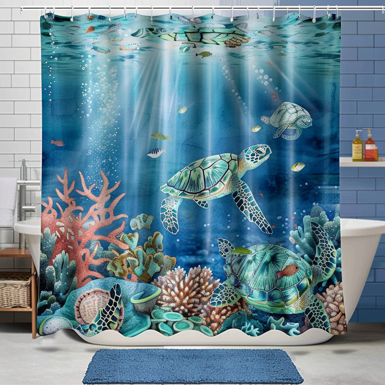 Watercolor Turtle And Coral Reef Shower Curtain Set Underwater Bathroom