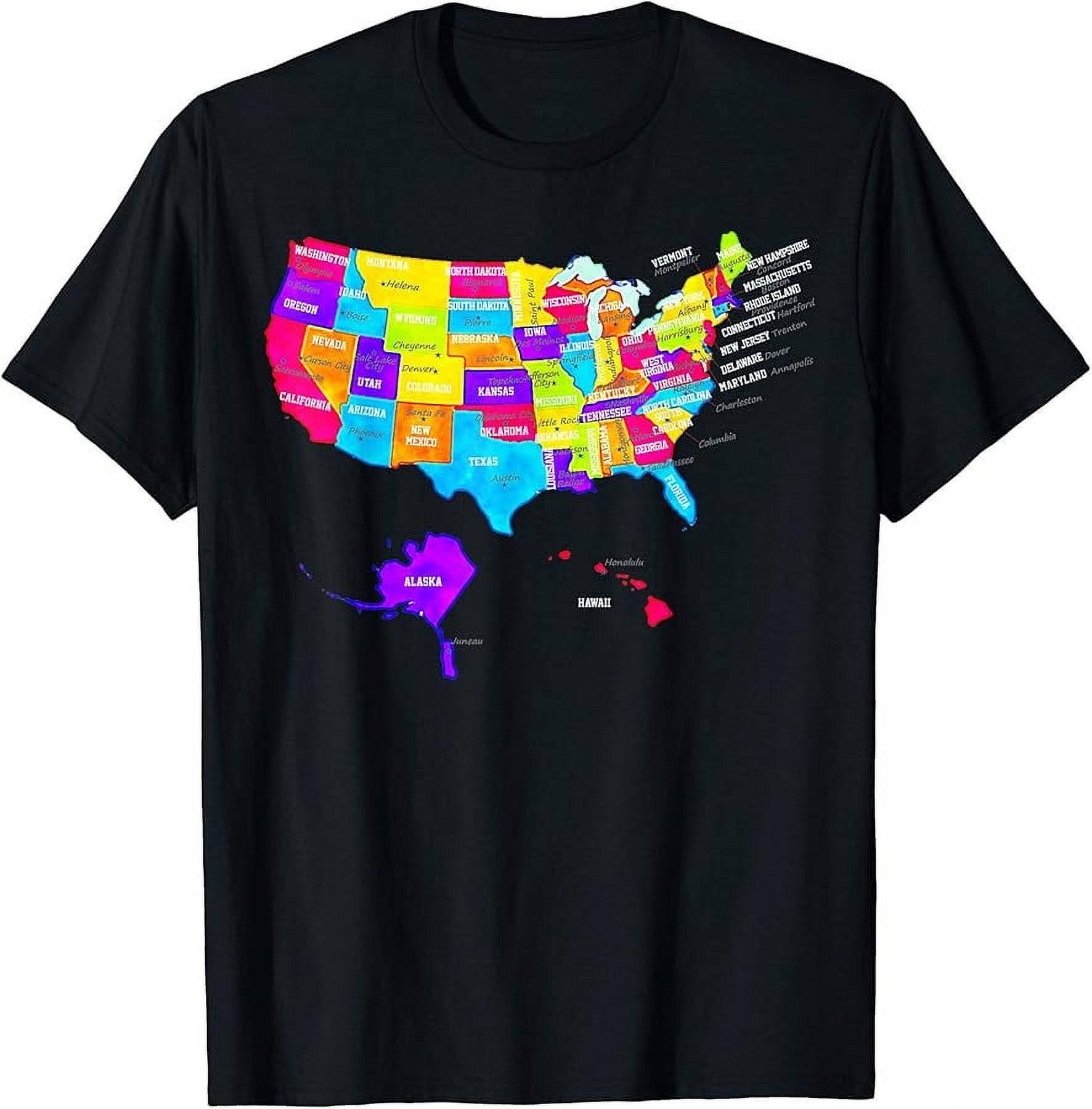 Watercolor US map with states and capital cities names T-Shirt ...