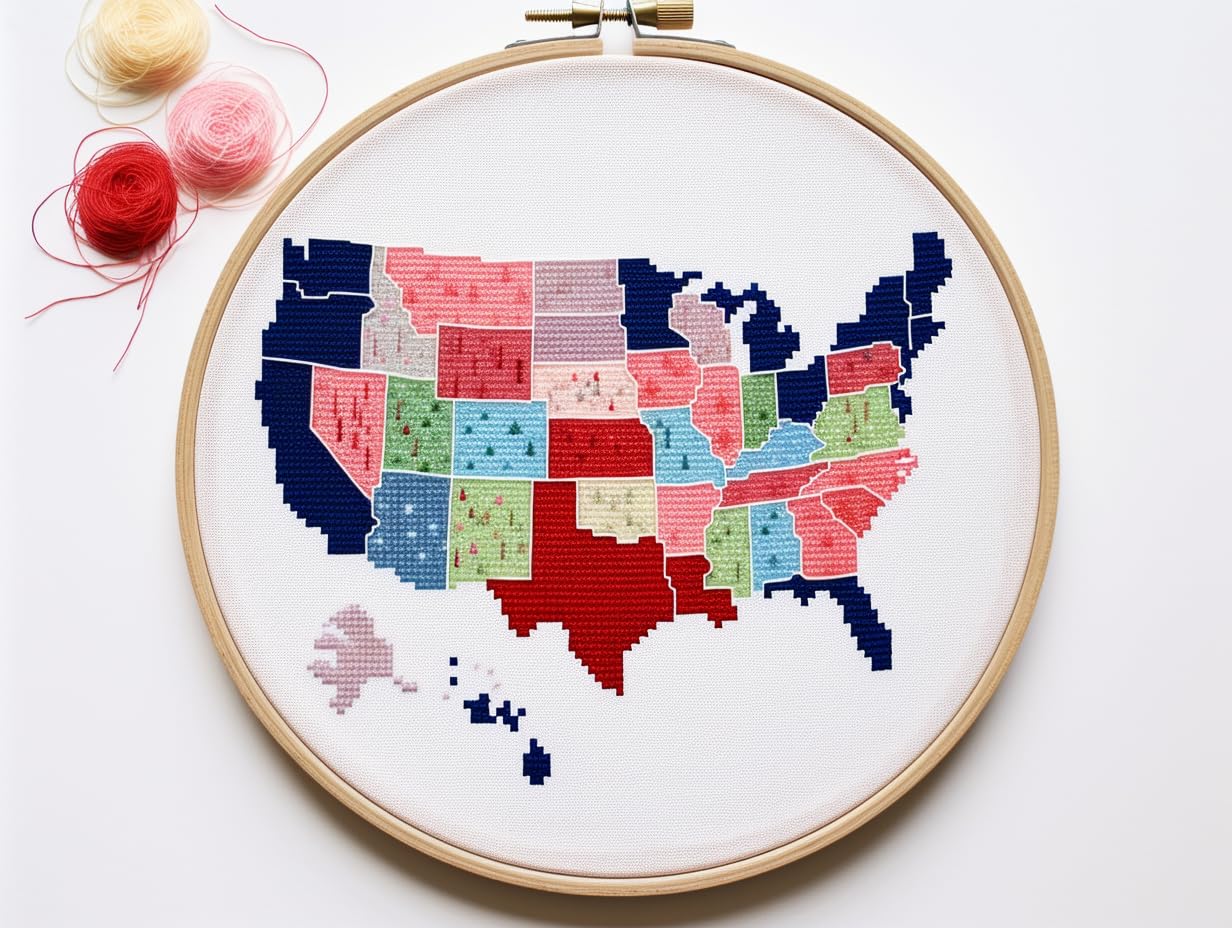 Watercolor USA Map Stamped Cross Stitch Kits for Beginners Easy with ...