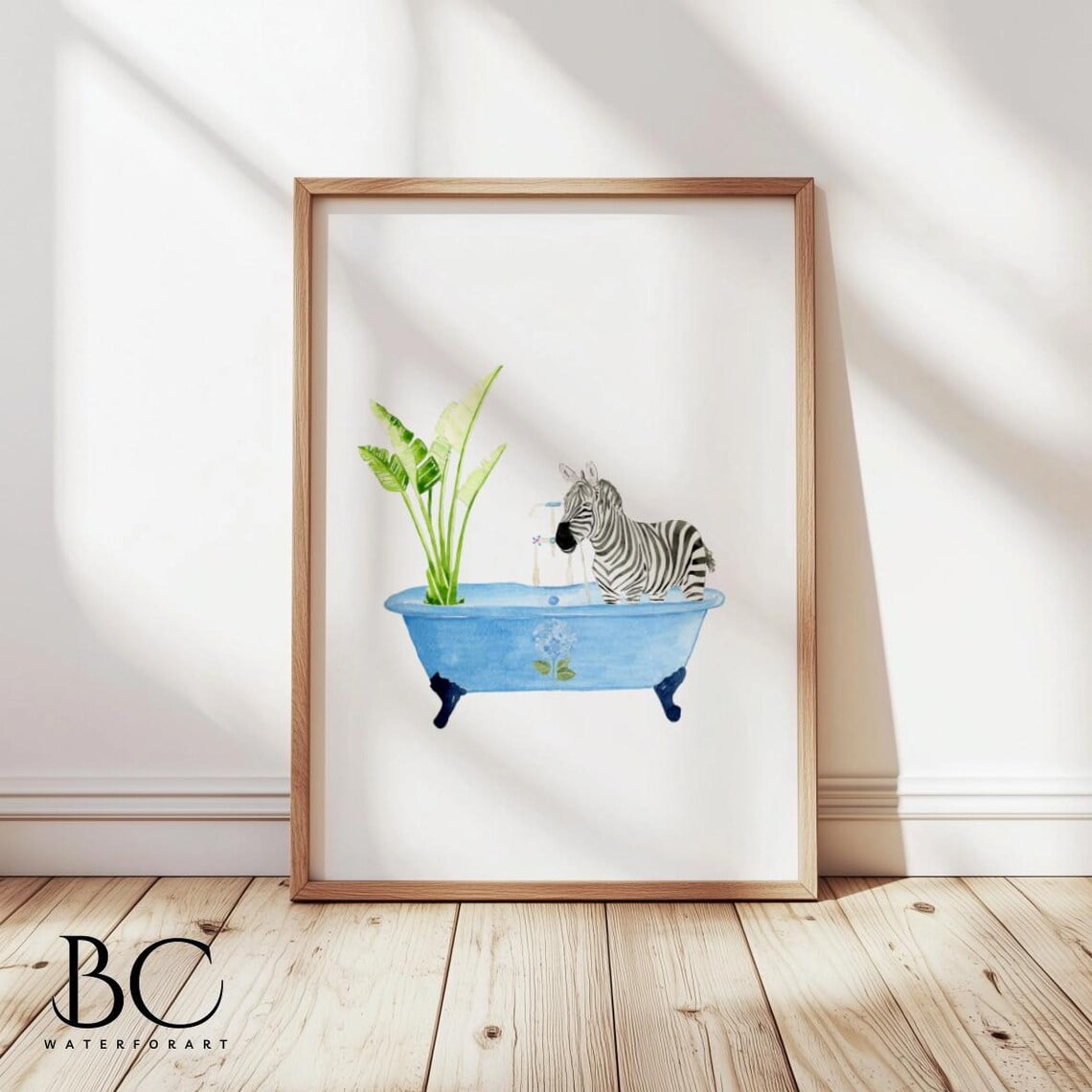 Watercolor Vintage Bathroom Art Print, Zebra In Blue Bathtub With ...