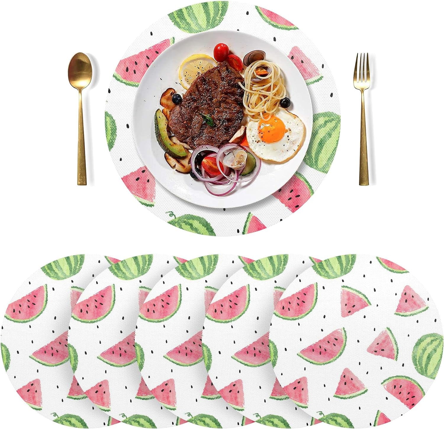 Watercolor Watermelon Fruit Tropical Round Place Mats Set of 6, Heat ...