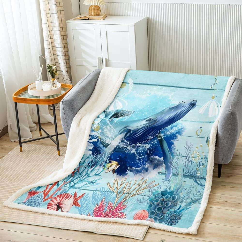 Watercolor Whale Bed Throws Blue Ocean Fish Themed Throw Blanket for ...