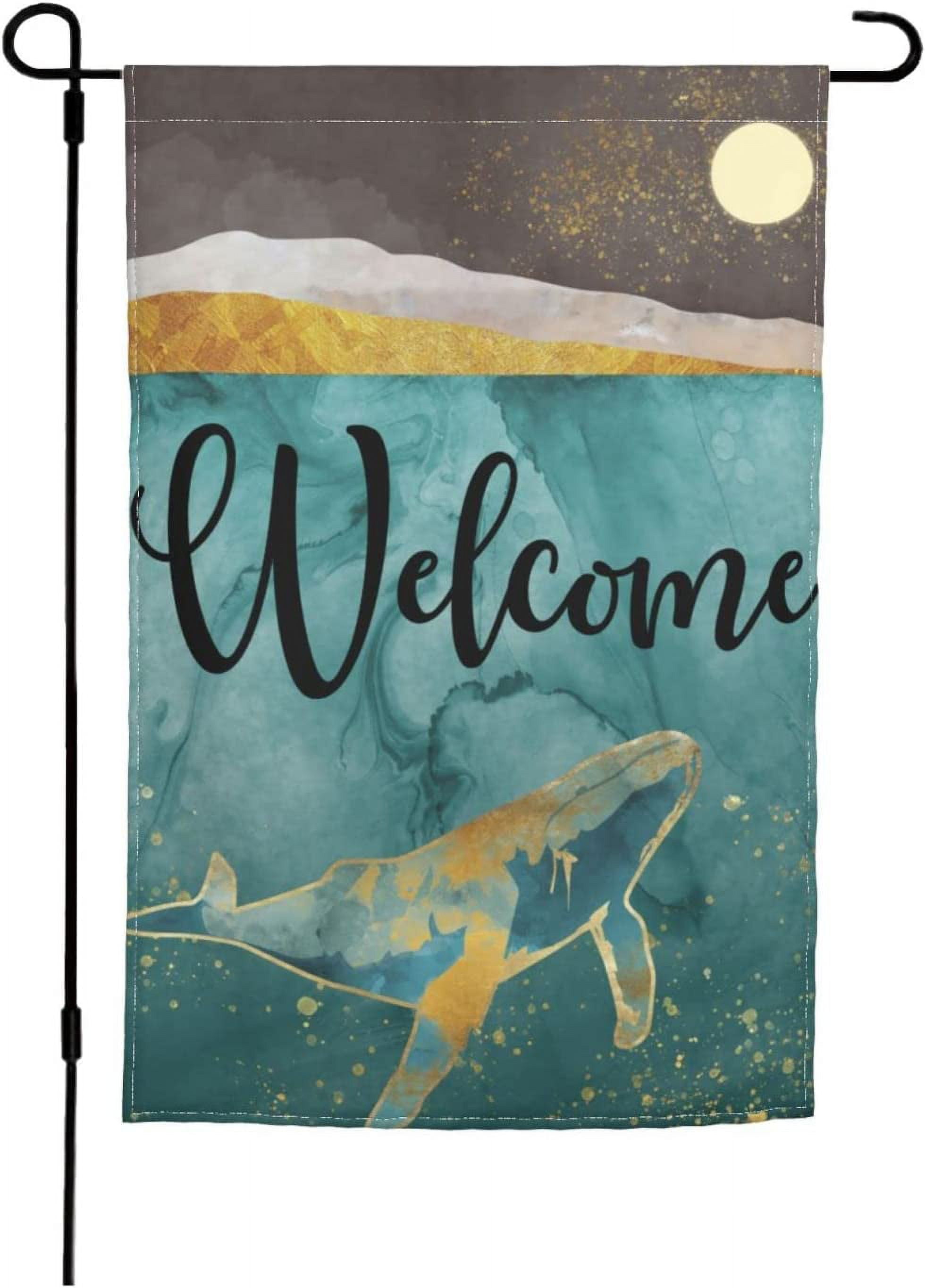 Watercolor Whale Garden Flags Premium Marble Blue Ocean and Gold Animal ...